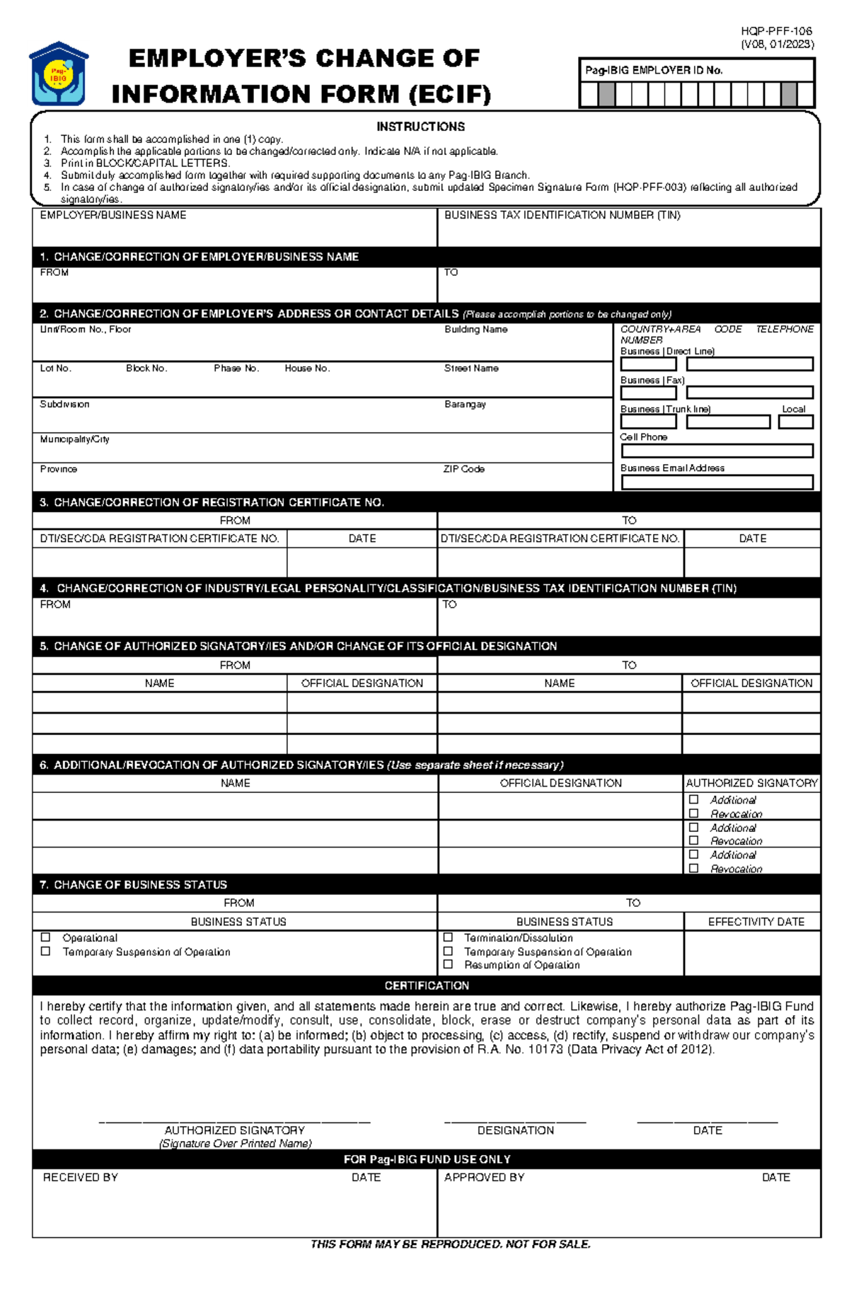 Pag IBIG ECIF - test - EMPLOYER’S CHANGE OF INFORMATION FORM (ECIF) HQP ...