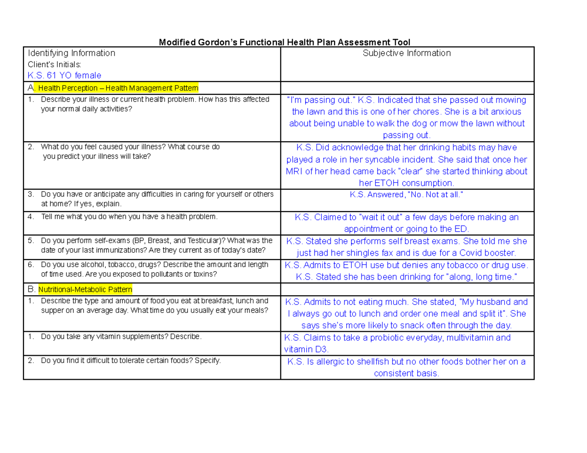 Gordon’s health - Clinical assignment - Modified Gordon’s Functional ...