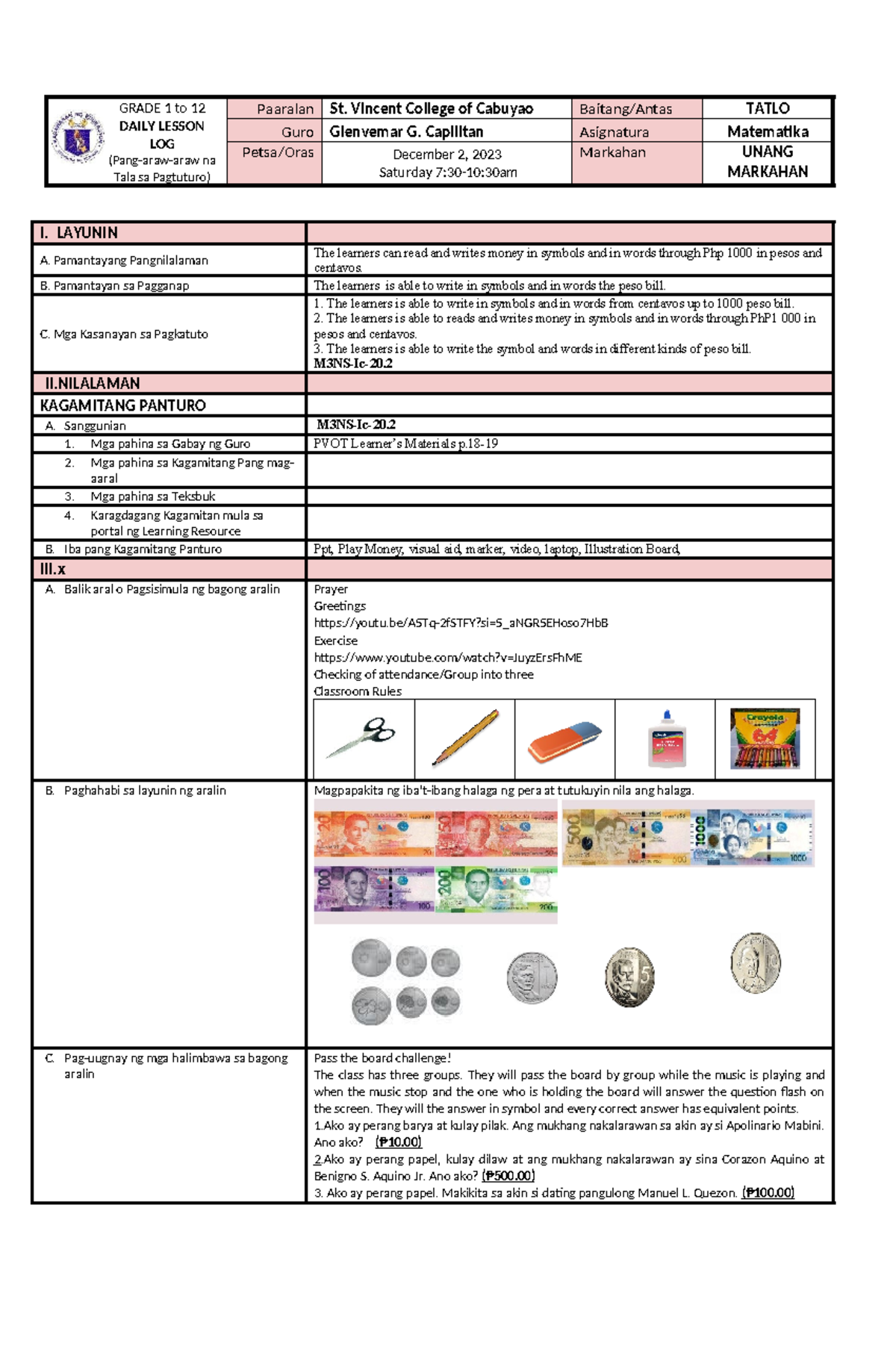 Mathematics 3 Demo Teaching - GRADE 1 to 12 DAILY LESSON LOG (Pang-araw ...