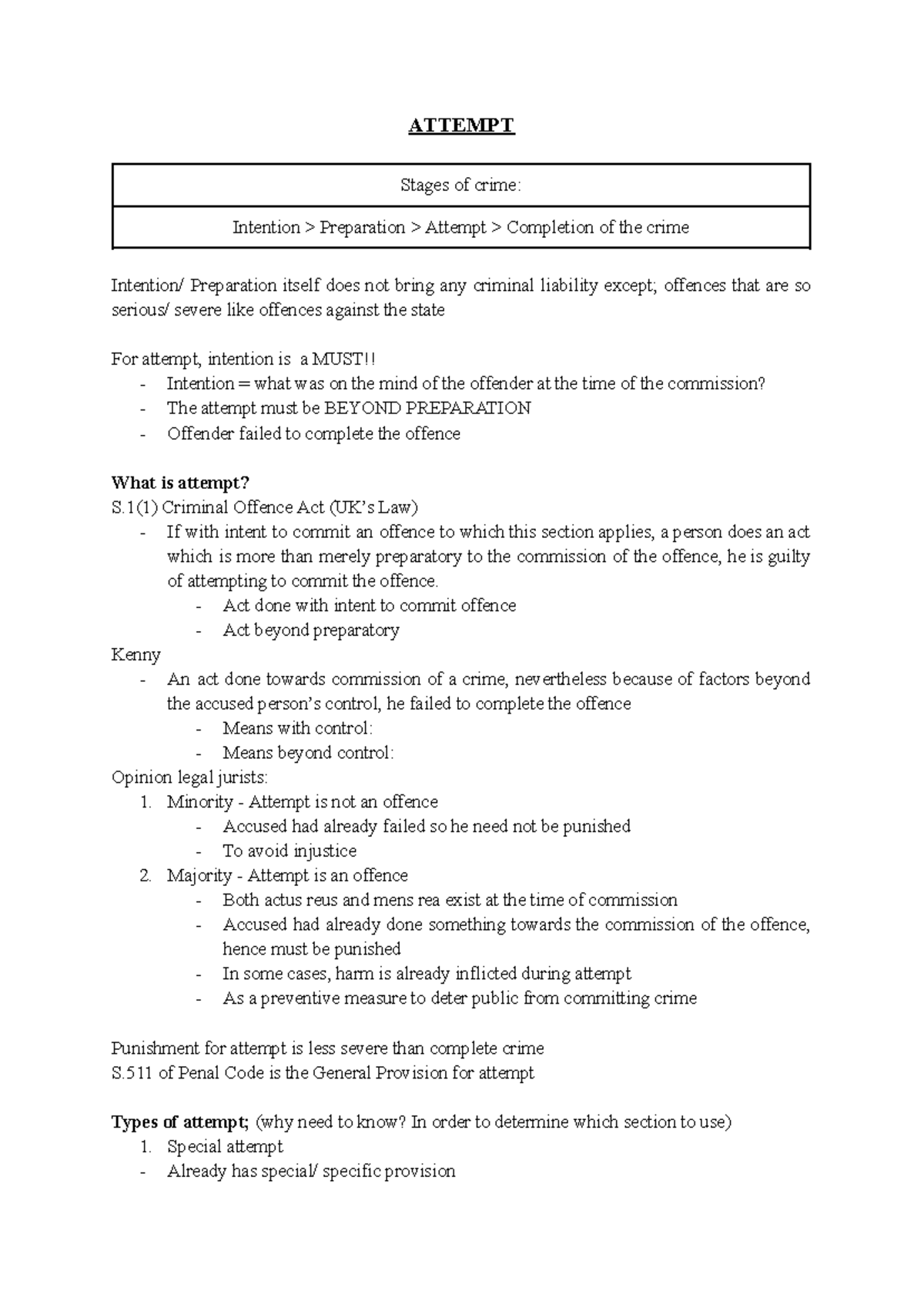 Attempt pt1 - ATTEMPT Stages of crime: Intention > Preparation ...