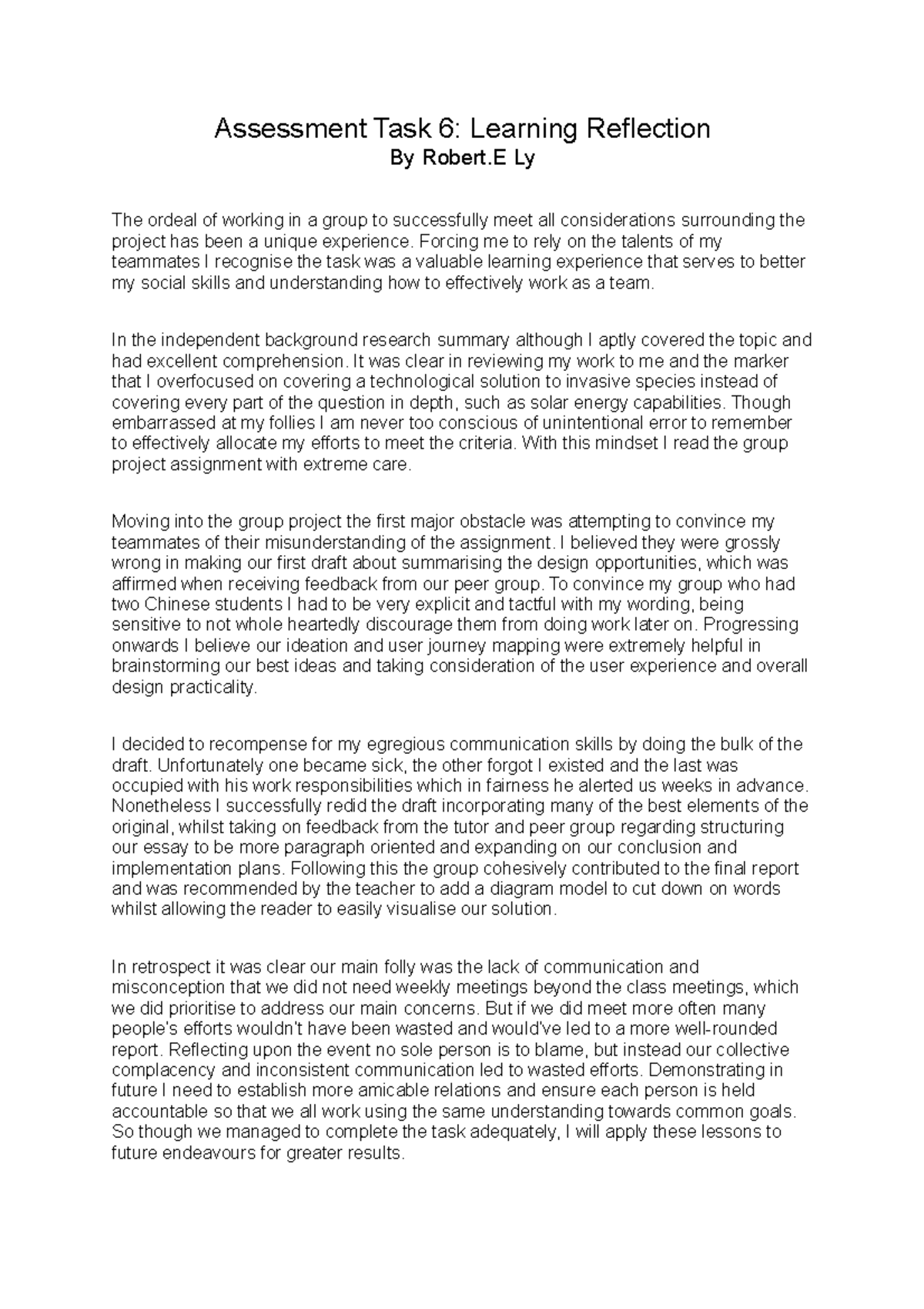 Assessment Task 6 Learning Reflection - Assessment Task 6: Learning Reflection By Robert Ly The ...
