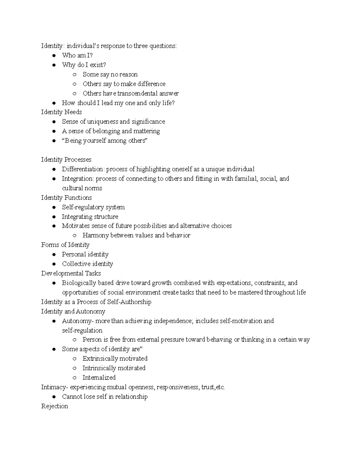 Lecture 16- The nature of self and identity - Identity: individual’s ...