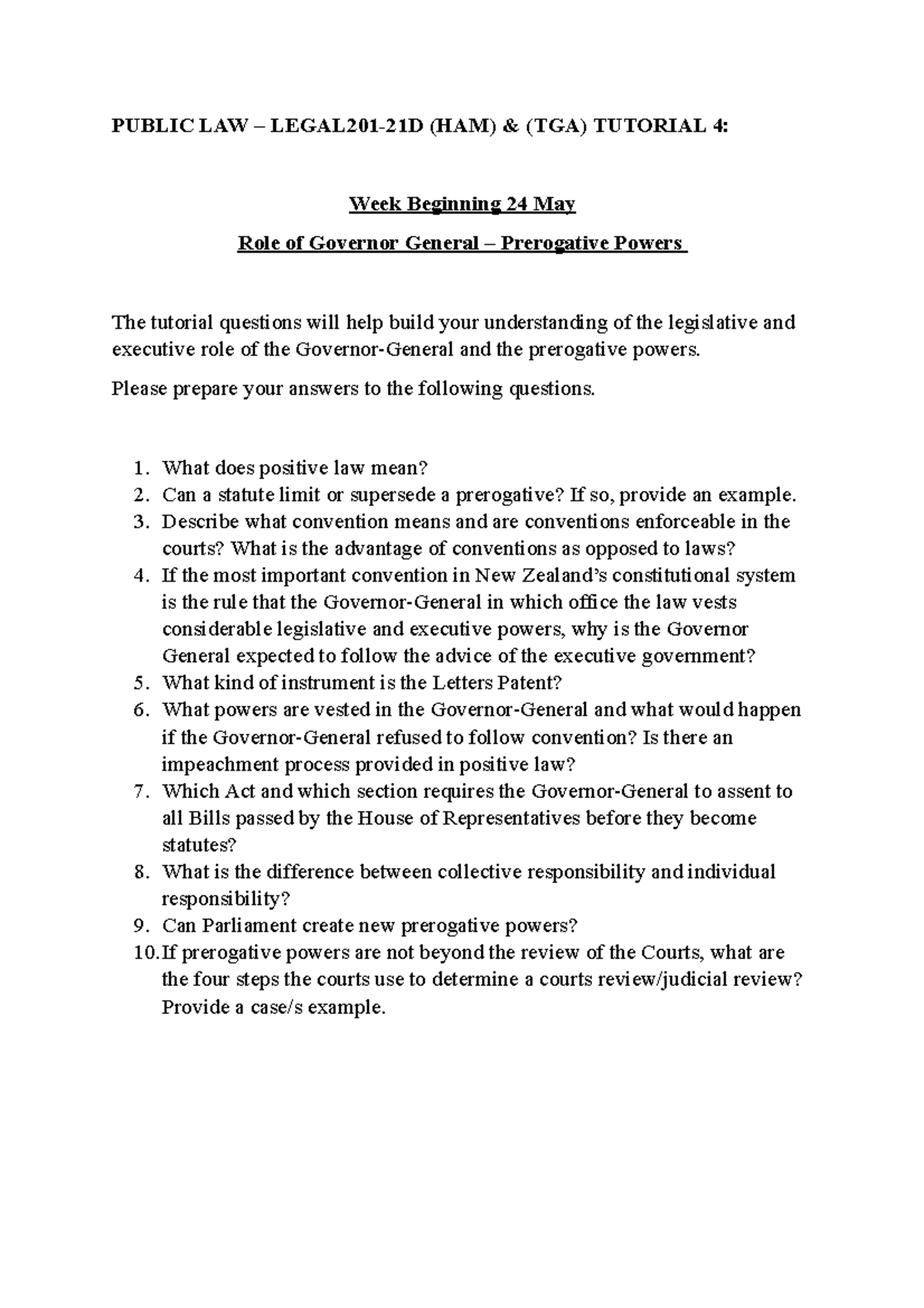 Public Law Tutorial Four - PUBLIC LAW – LEGAL201-21D (HAM) & (TGA ...