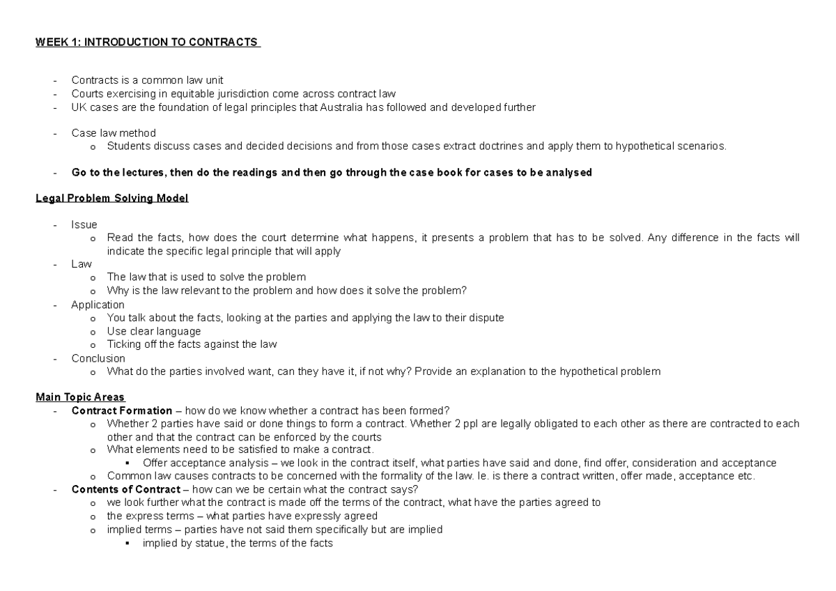 Contracts Notes - WEEK 1: INTRODUCTION TO CONTRACTS Contracts is a ...