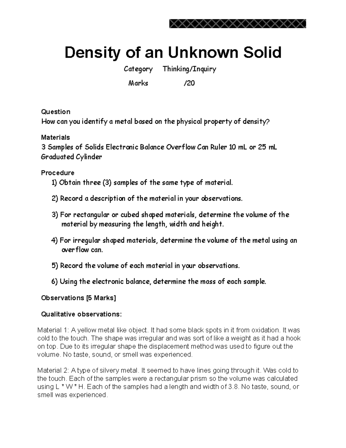 AP Density of an Unknown Solid revised-2 - Density of an Unknown Solid ...