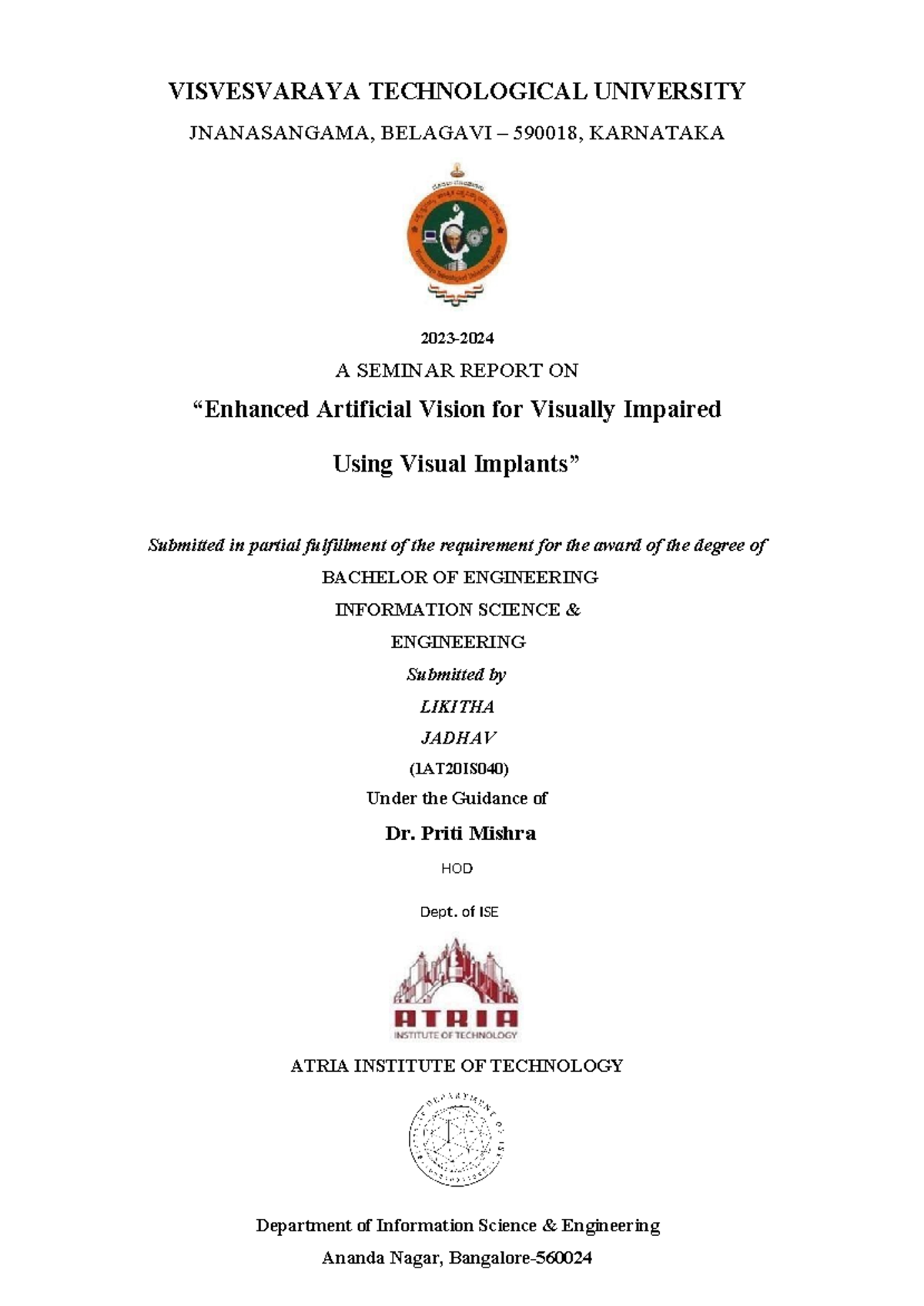 Tech report 2 - VISVESVARAYA TECHNOLOGICAL UNIVERSITY JNANASANGAMA ...