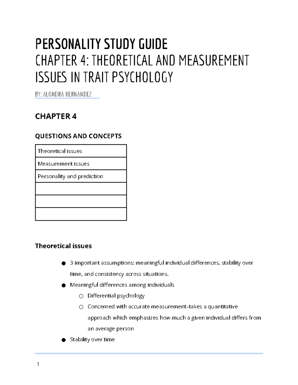 Chapter 4- Study guide - PERSONALITY STUDY GUIDE CHAPTER 4: THEORETICAL ...