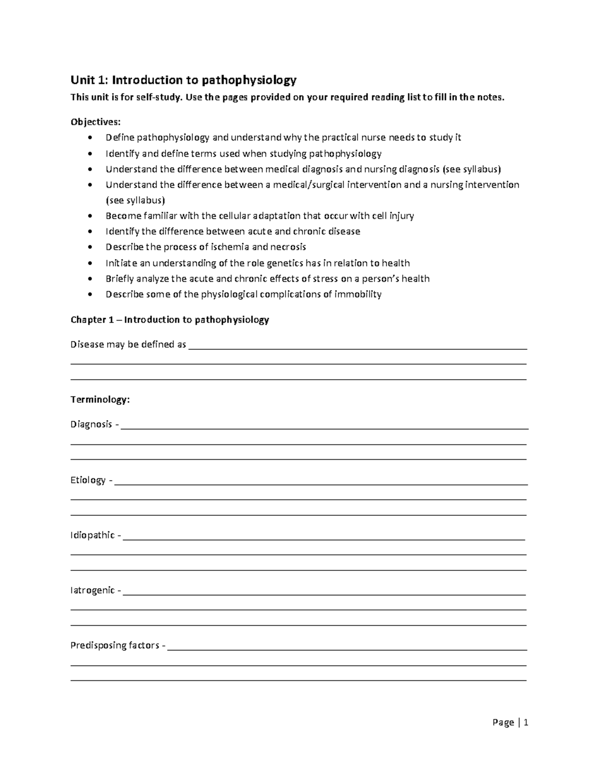 Unit 1 Introduction Notes - Unit 1: Introduction to pathophysiology ...