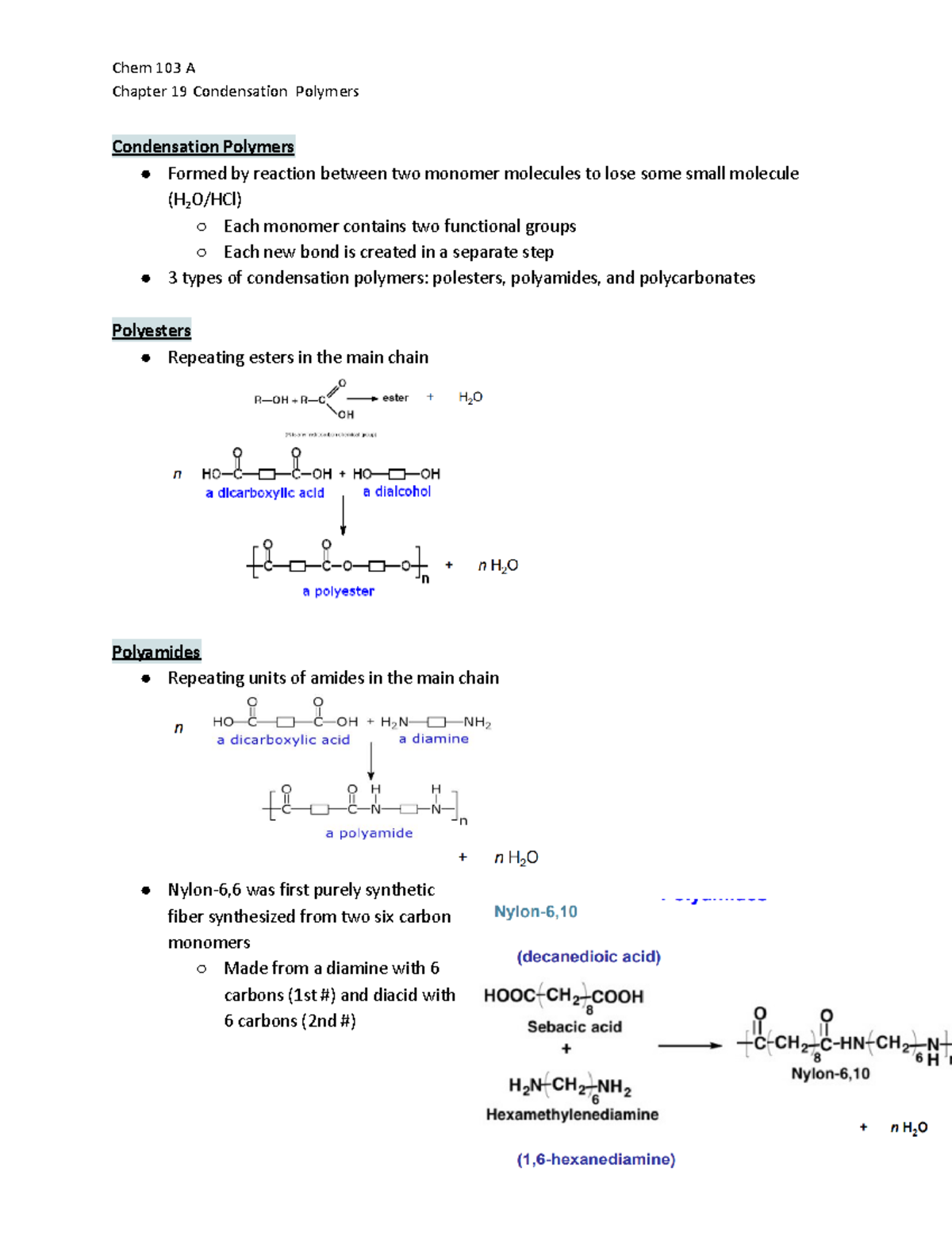 Chem 103 A Week 7 Lecture 2 Notes - Chem 103 A Chapter 19 Condensation ...