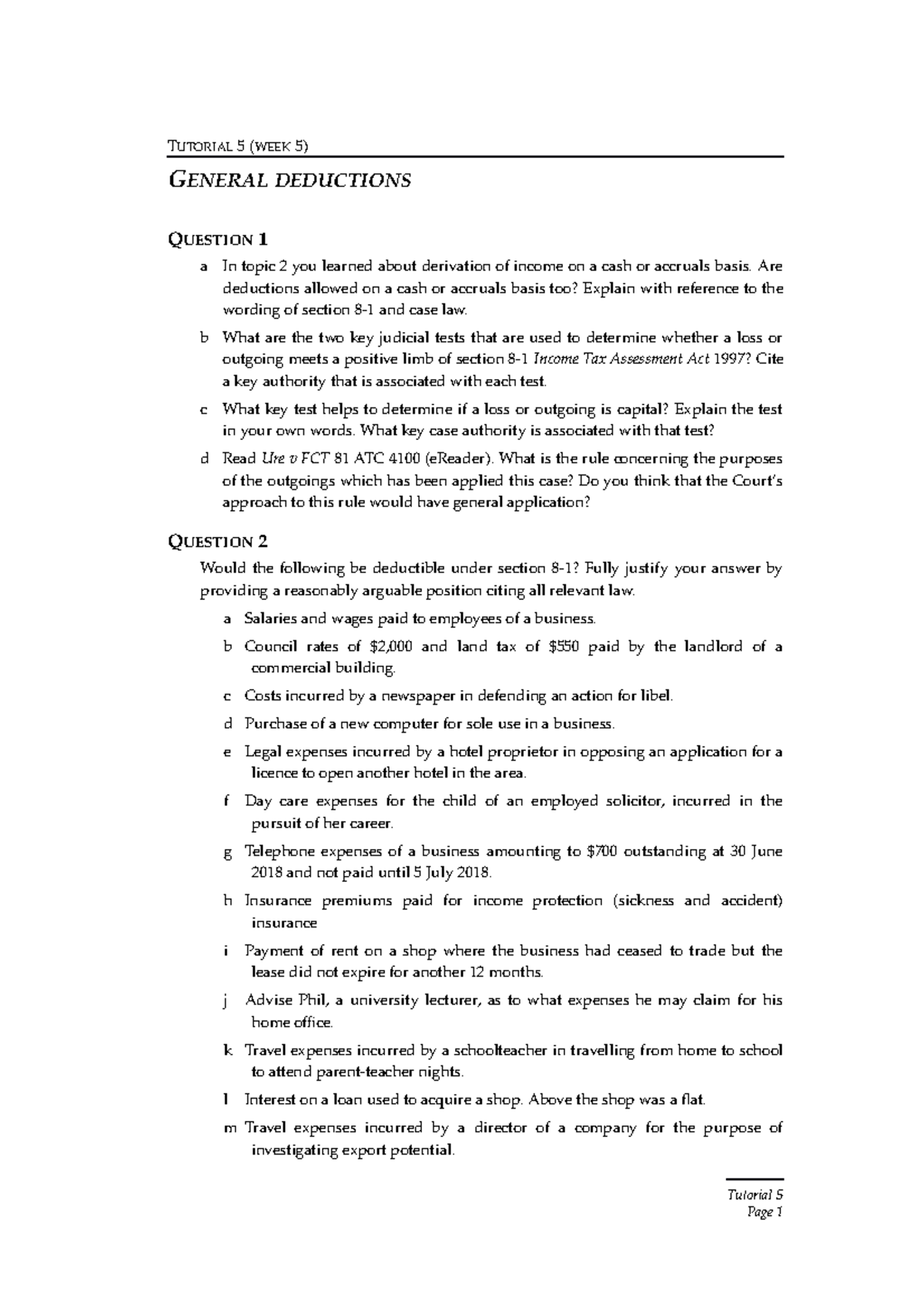 Tutorial Week 5 - TUTORIAL 5 (WEEK 5) GENERAL DEDUCTIONS QUESTION 1 a ...