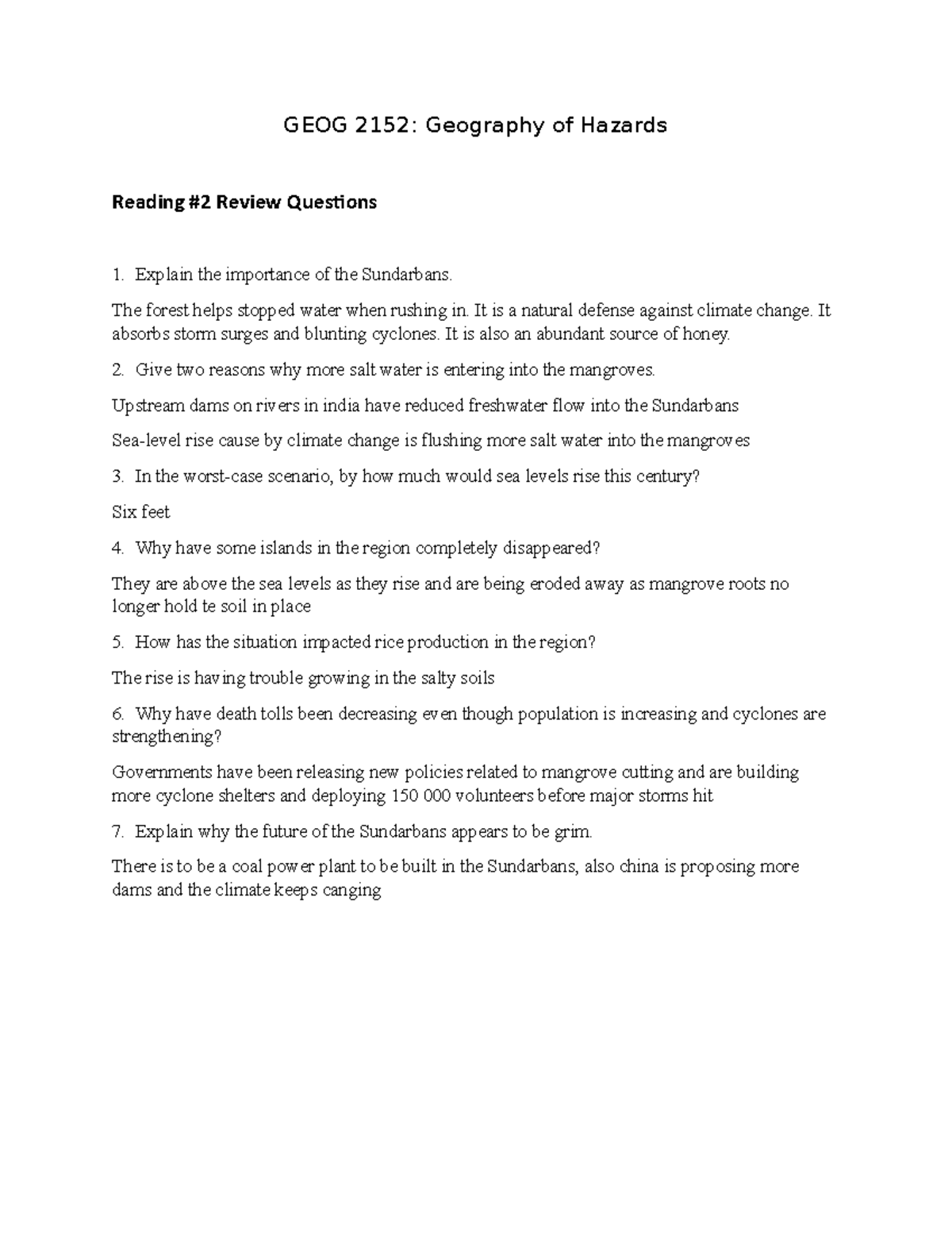 Reading 2 Questions - GEOG 2152: Geography of Hazards Reading #2 Review ...
