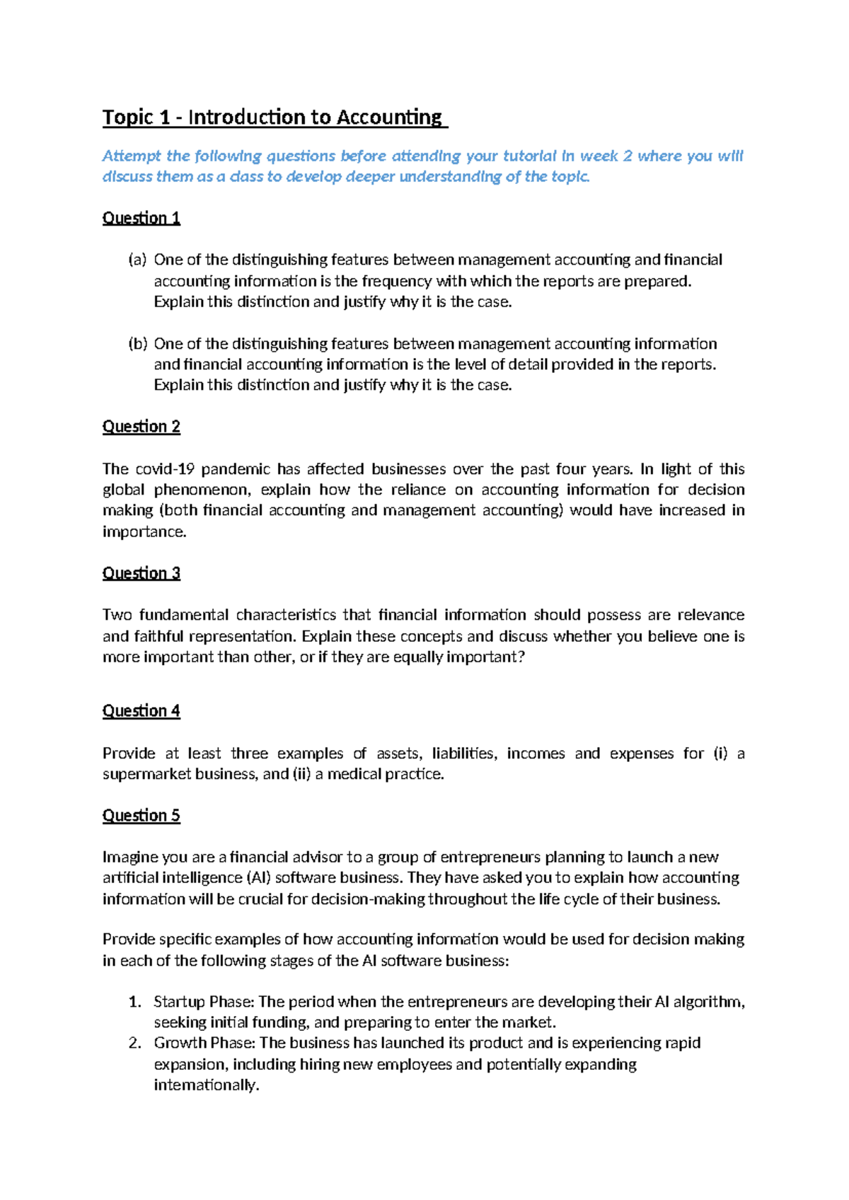 Topic 1 Tutorial Questions - Topic 1 - Introduction to Accounting ...