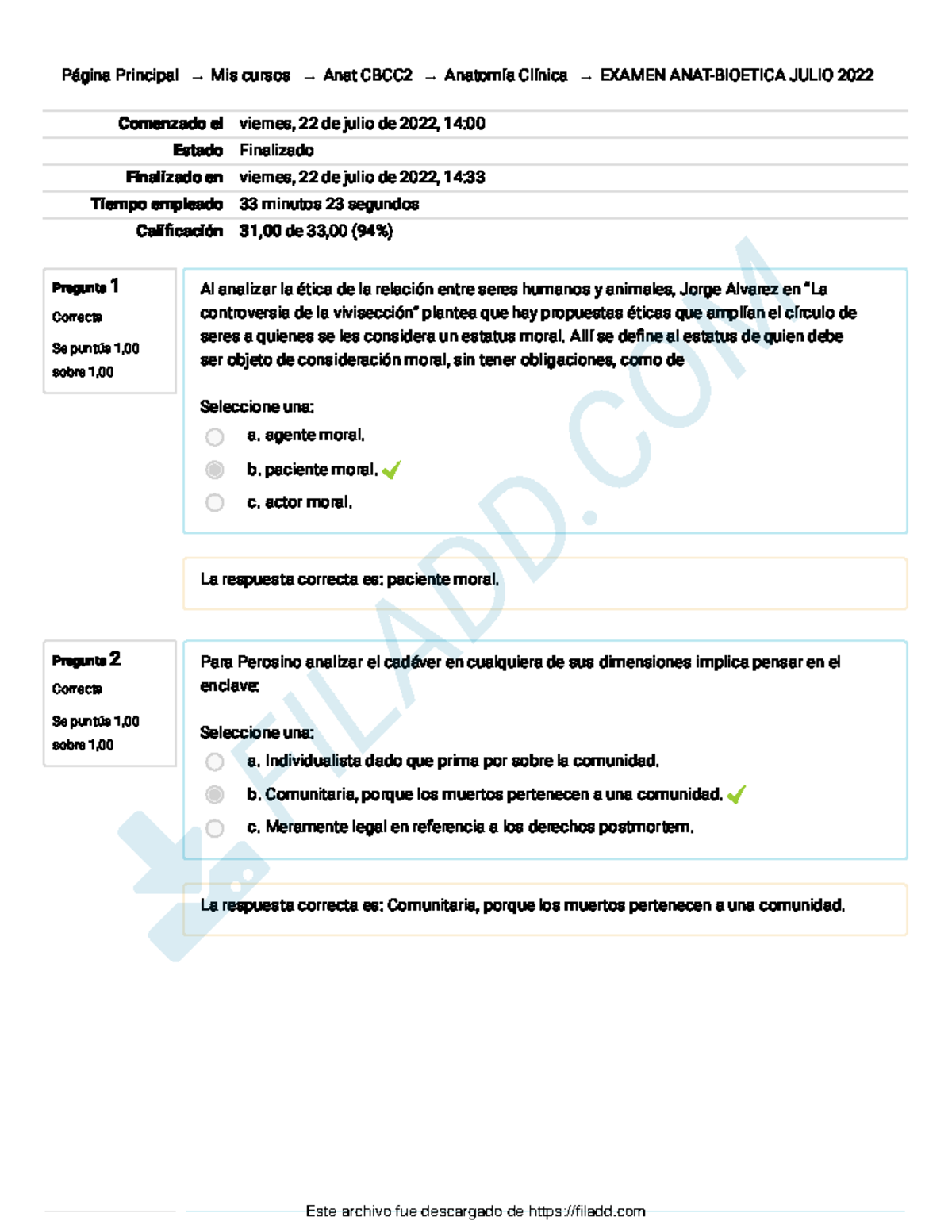 Examen ANAT- Bioetica Julio 2022 Revision del intento L - Página ...