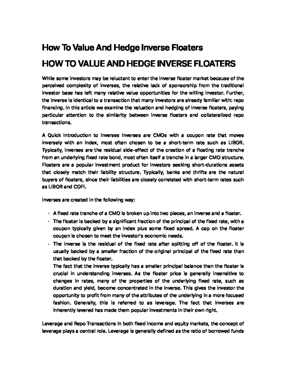 How To Value And Hedge Inverse Floaters - CF101 - UChicago - Studocu