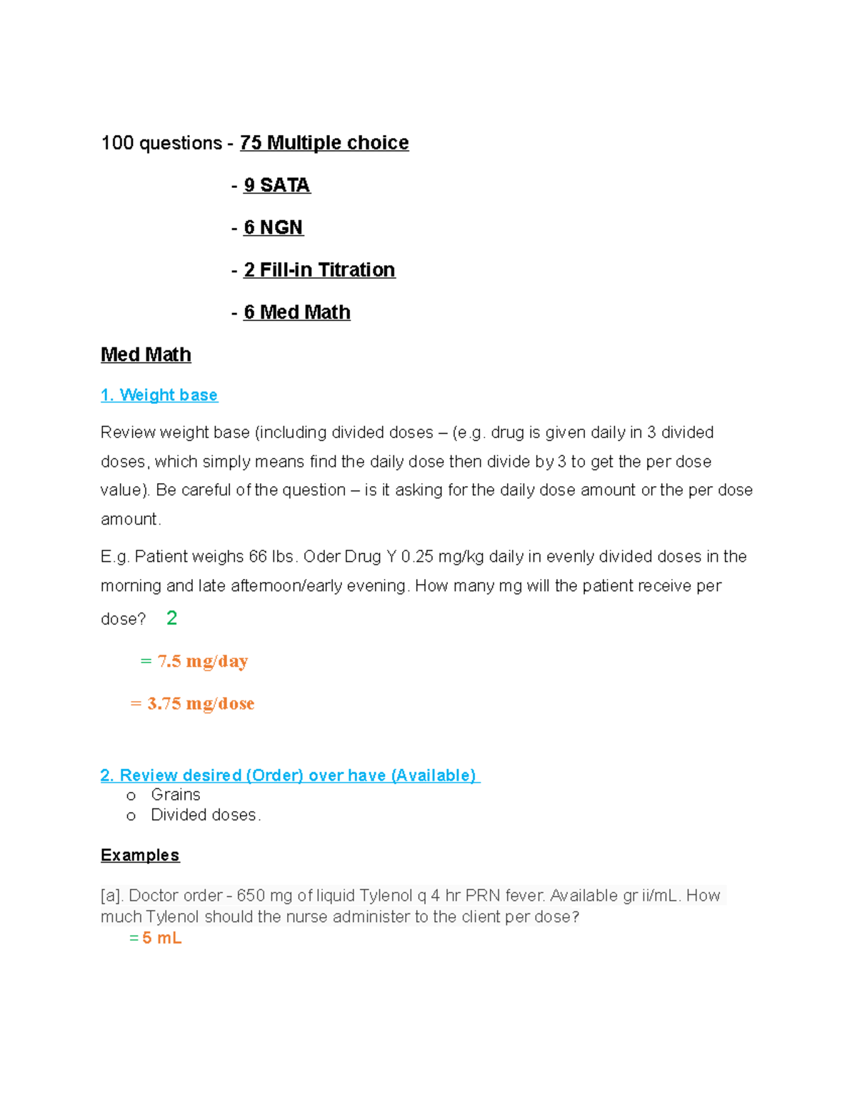 Final Exam A Breakdown - 100 questions - 75 Multiple choice 9 SATA 6 ...