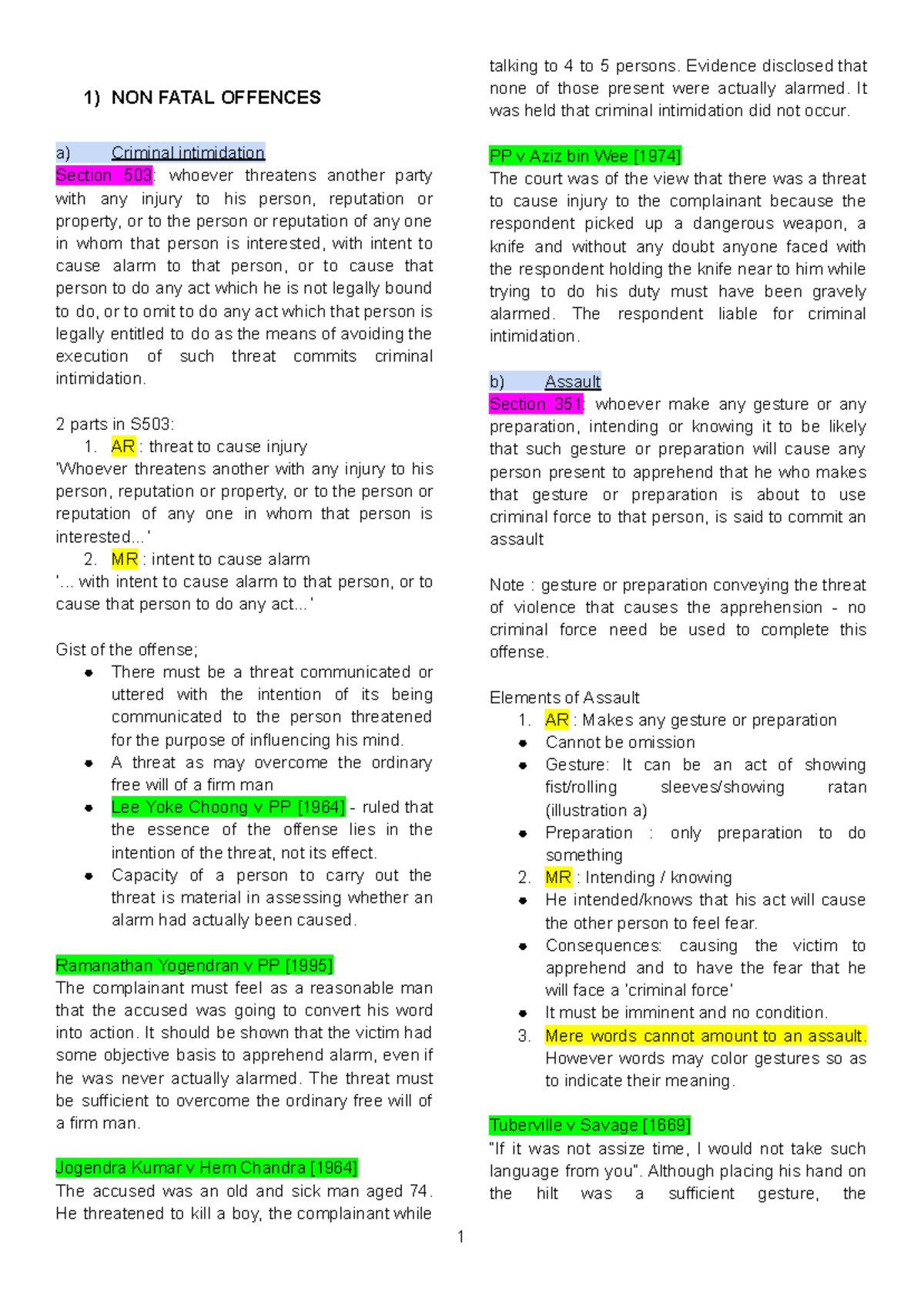LAW555 (Criminal II) - NON Fatal Offences - 1) NON FATAL OFFENCES a ...