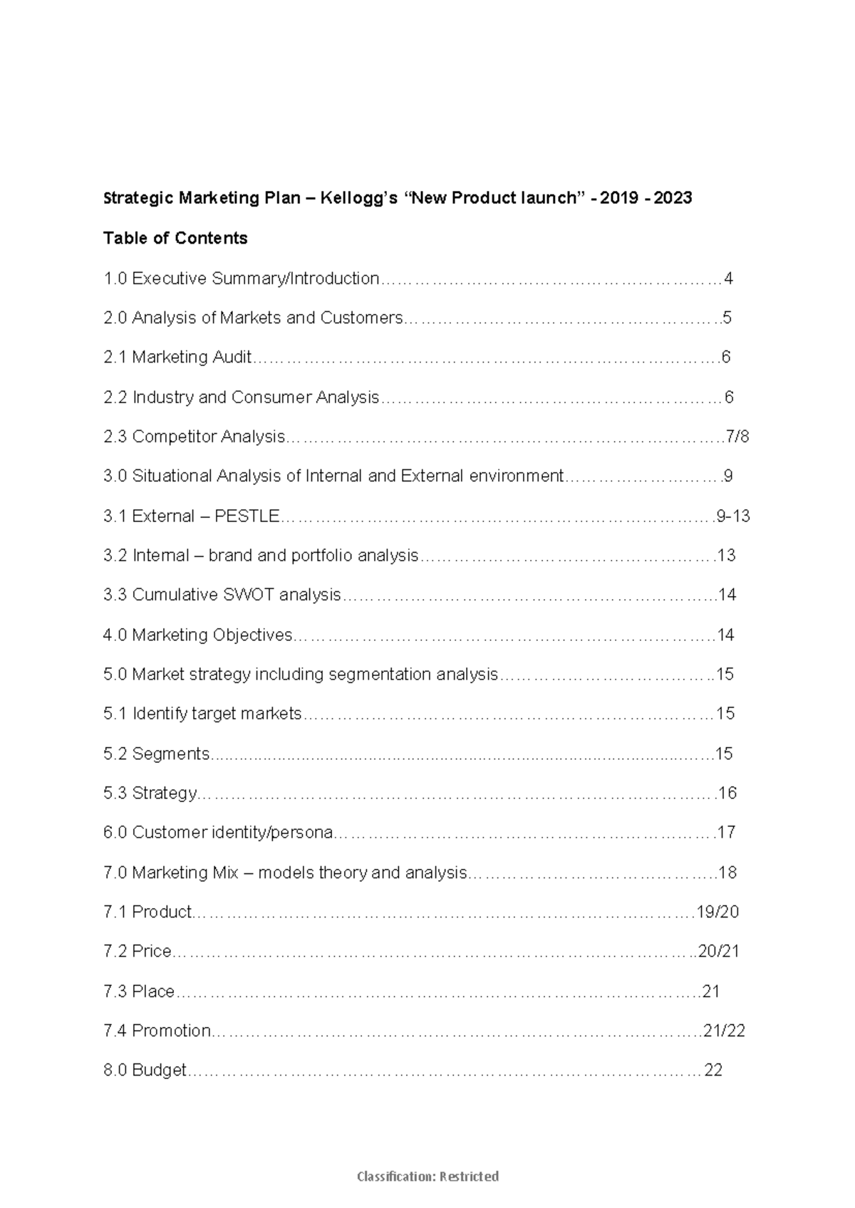 Example on Keloggs (only for reference) - Table of Contents Strategic ...