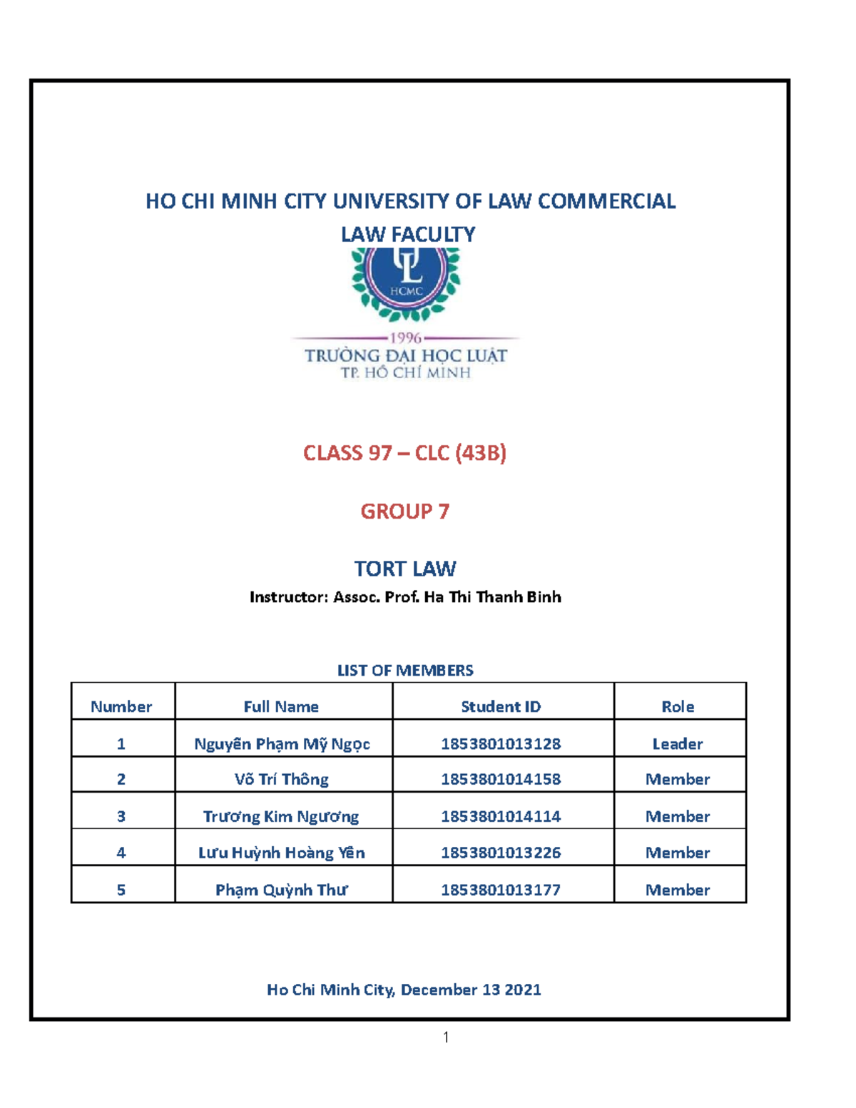 TORT LAW Group 7 - HO CHI MINH CITY UNIVERSITY OF LAW COMMERCIAL LAW ...