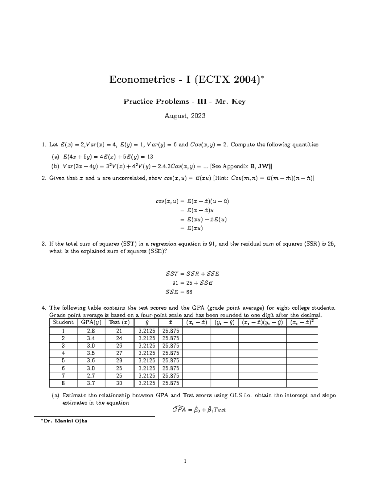 PP3 Soln ECTX2004 Fall2023 - Econometrics - I (ECTX 2004) ∗ Practice ...
