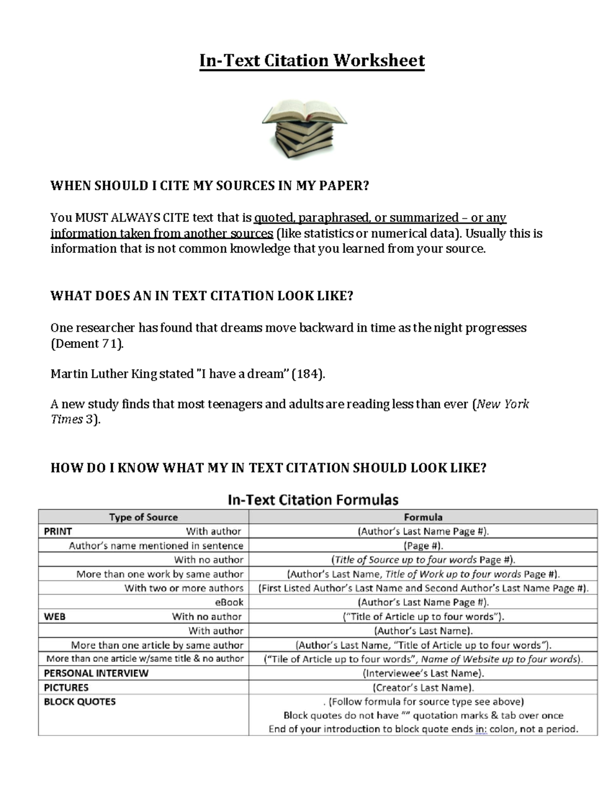 In Text Citation Wkst - In-Text Citation Worksheet WHEN SHOULD I CITE ...