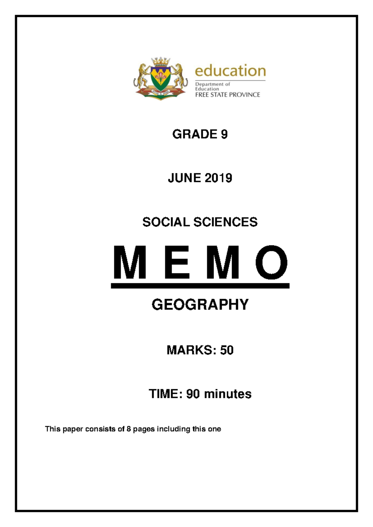 Geo Eng Memo grade 9 June 2019 - GRADE 9 JUNE 2019 SOCIAL SCIENCES M E ...