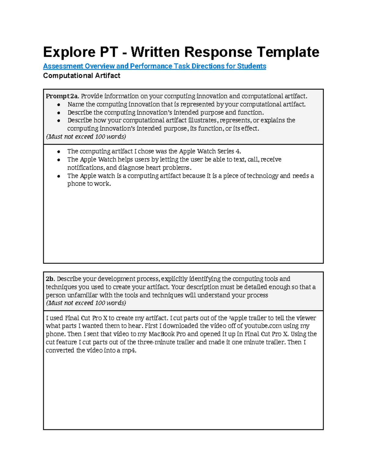 Arra Explore PT Written Response Template 2 - Explore PT - Written Response Template Assessment ...