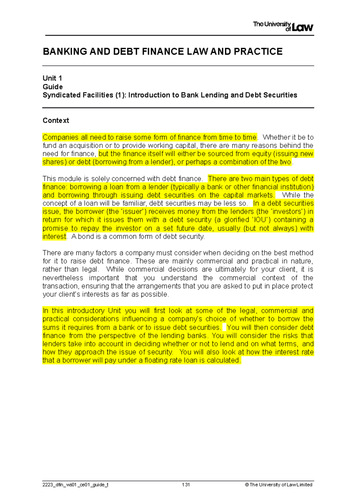 2223 dfin ws01 ce01 guide t - BANKING AND DEBT FINANCE LAW AND PRACTICE ...