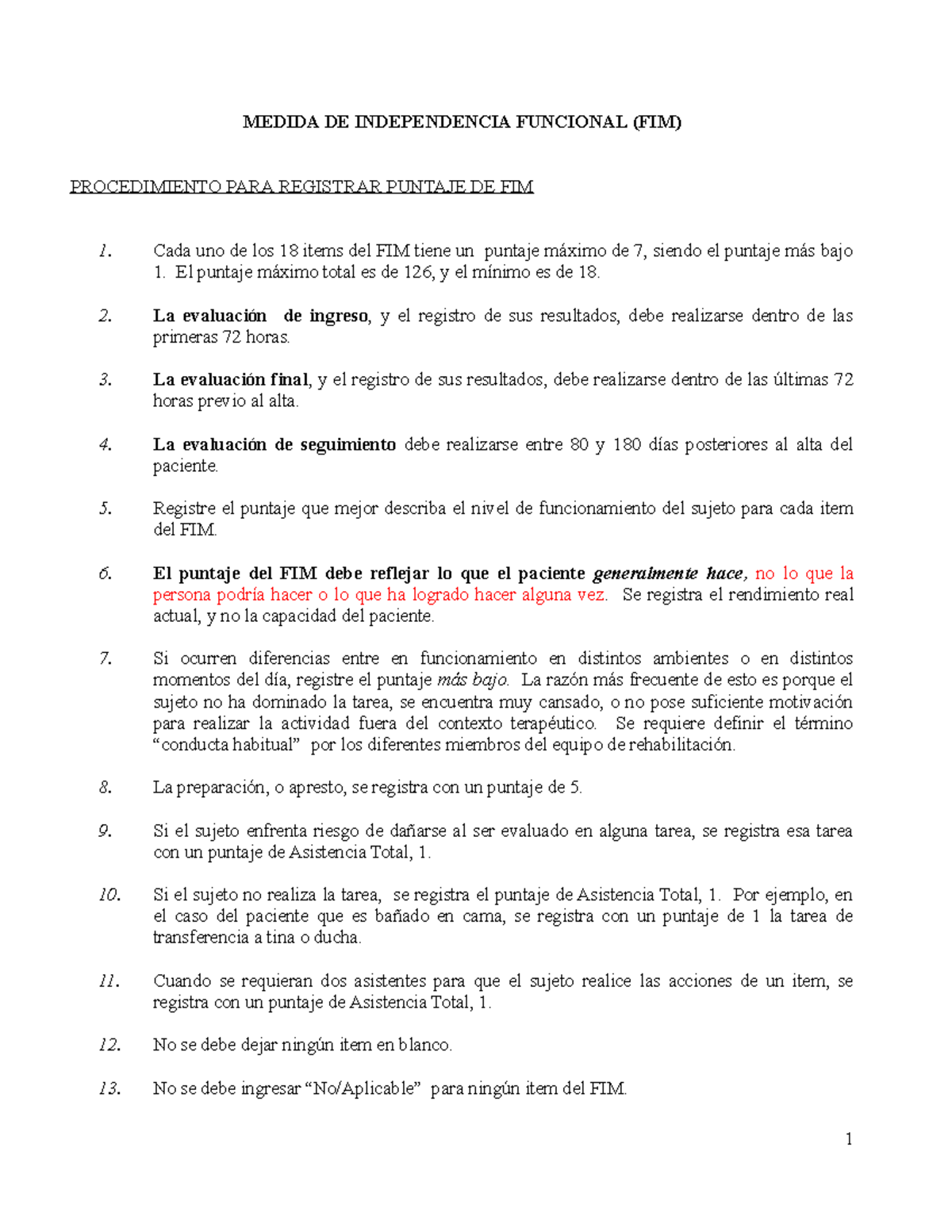 Instructivo FIM - MEDIDA DE INDEPENDENCIA FUNCIONAL (FIM) PROCEDIMIENTO ...