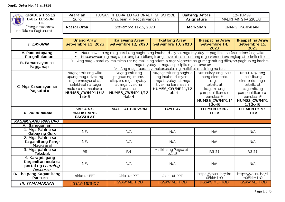 Q1-Week 3 Malikhaing Pagsulat - GRADES 1 to 12 DAILY LESSON LOG (Pang ...