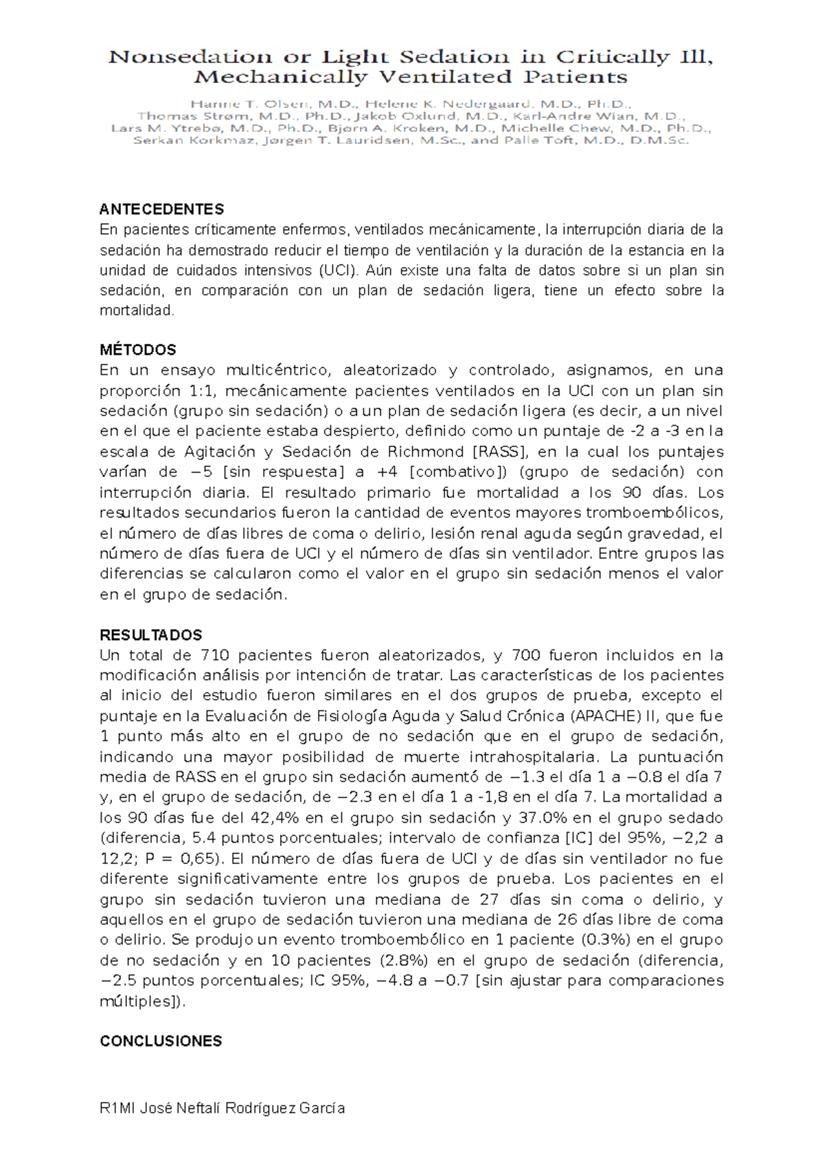Non sedation or light sedation in critically ill, mechanically ...