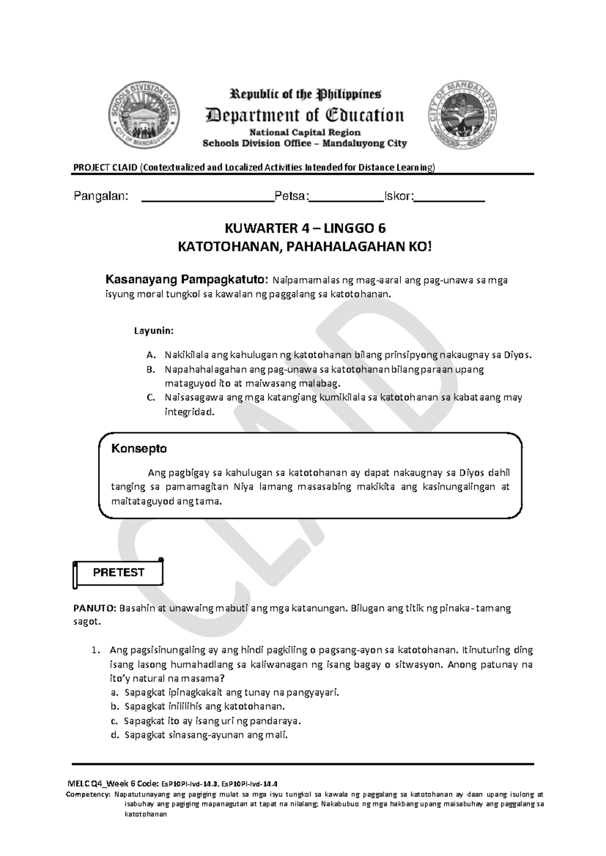 Es P10 Q4 Week 6 - none - MELC Q4_Week 6 Code: EsP10PI-Ivd-14, EsP10PI ... Es P10 Q4 Week 6 - none - MELC Q4_Week 6 Code: EsP10PI-Ivd-14, EsP10PI ...