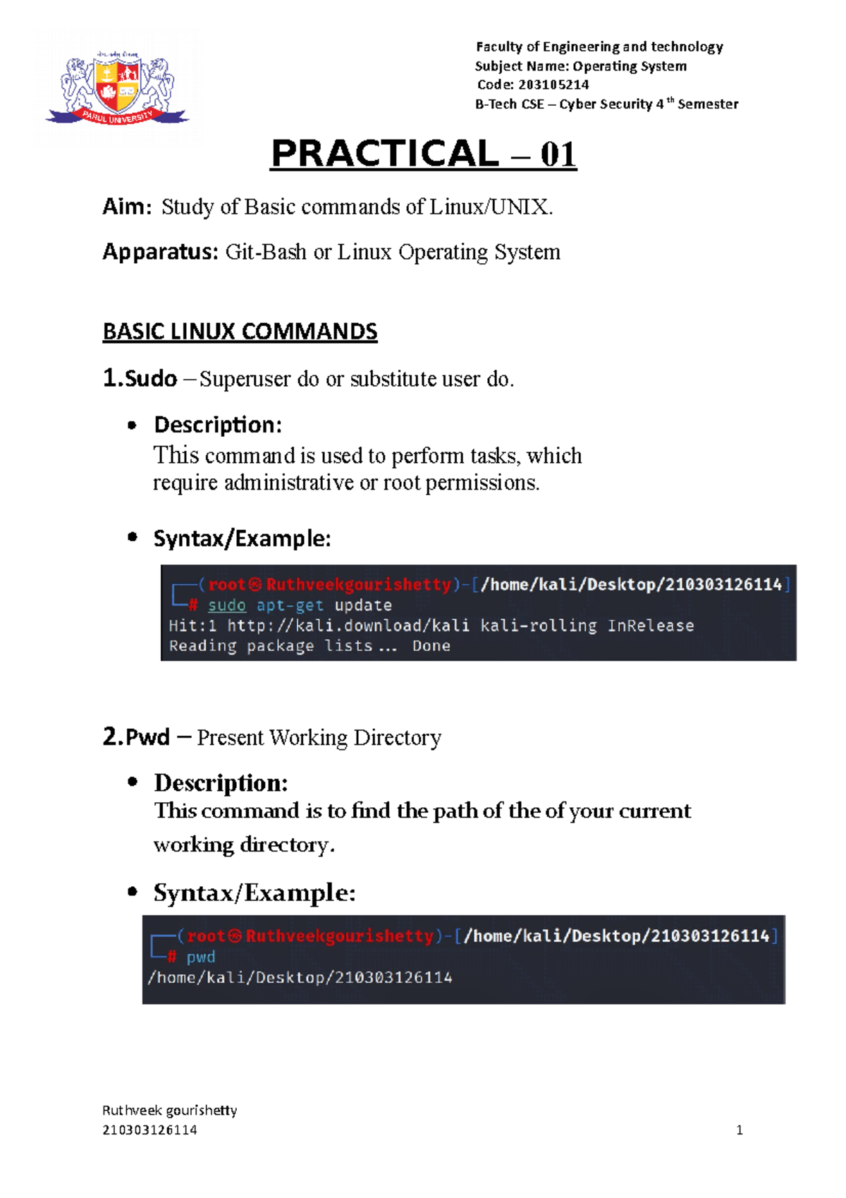 OS Lab Manual Final - Subject Name: Operating System Code: 203105214 B-Tech CSE – Cyber Security ...
