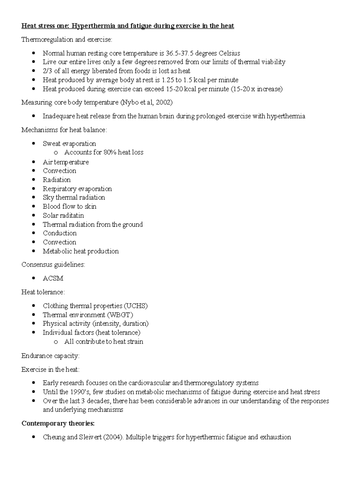Heat 1 - lecture notes - Heat stress one: Hyperthermia and fatigue ...