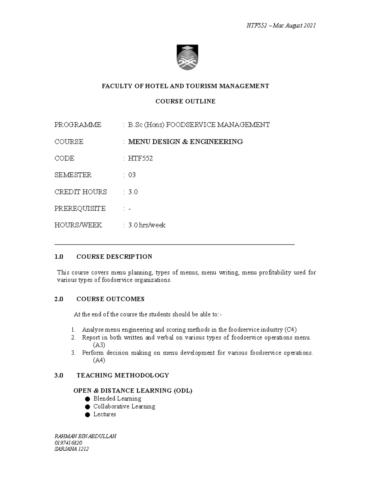 Course outline HTF552 Menu Design & Engineering - FACULTY OF HOTEL AND ...