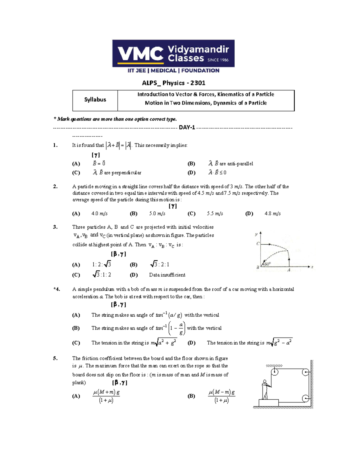 ALPS2301 Physics Day 1 Assignment - ALPS_ Physics - 2301 Syllabus Introduction to Vector & - Studocu