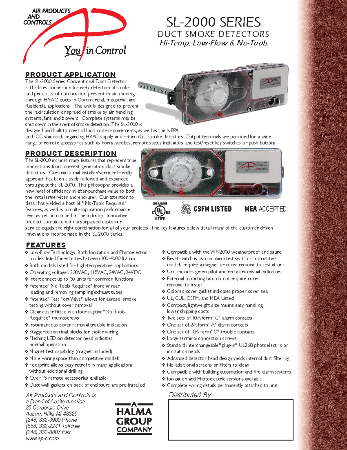 SL-2000 Duct smoke detector datasheet - SL‑2000 SERIES DUCT SMOKE ...