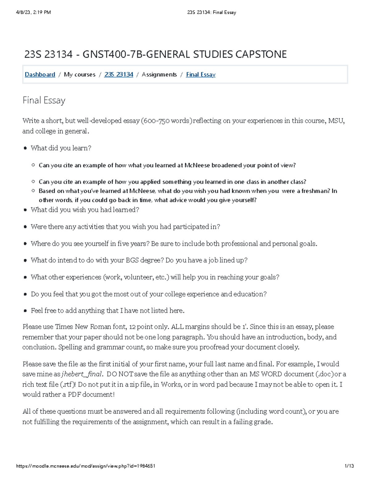 23S 23134 Final Essay - NONE - Dashboard / My courses / 23S 23134 ...
