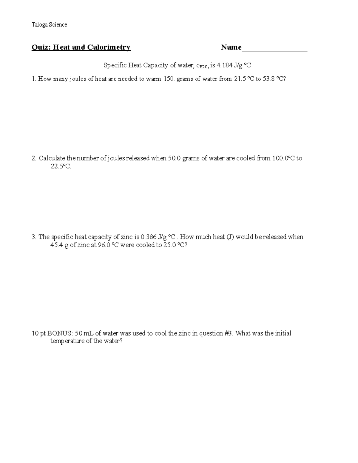 Quiz Heat and Calorimetry - Taloga Science Quiz: Heat and Calorimetry ...