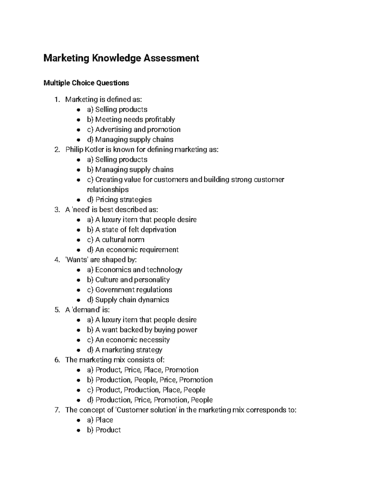 Marketing Knowledge Assessment theme 1 - Marketing Knowledge Assessment ...