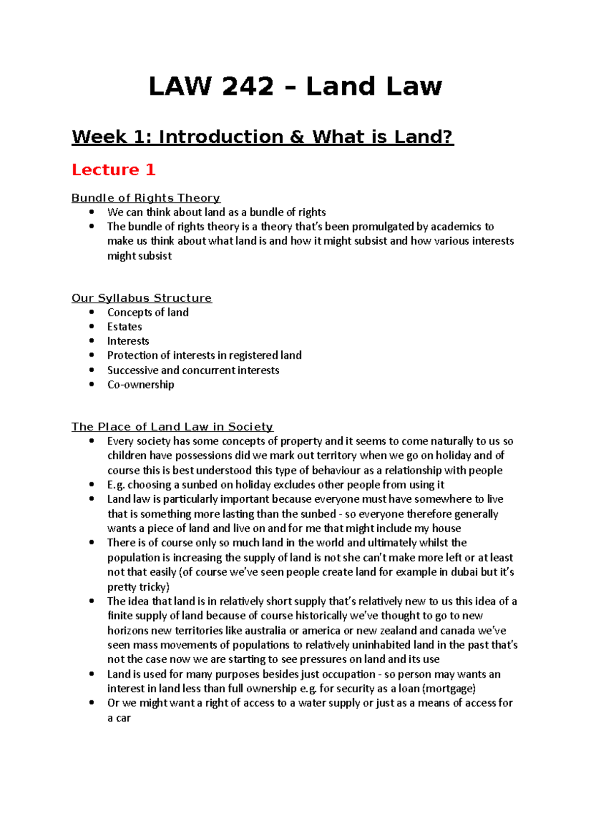 Land Law Week 1 Notes - LAW 242 – Land Law Week 1: Introduction & What ...