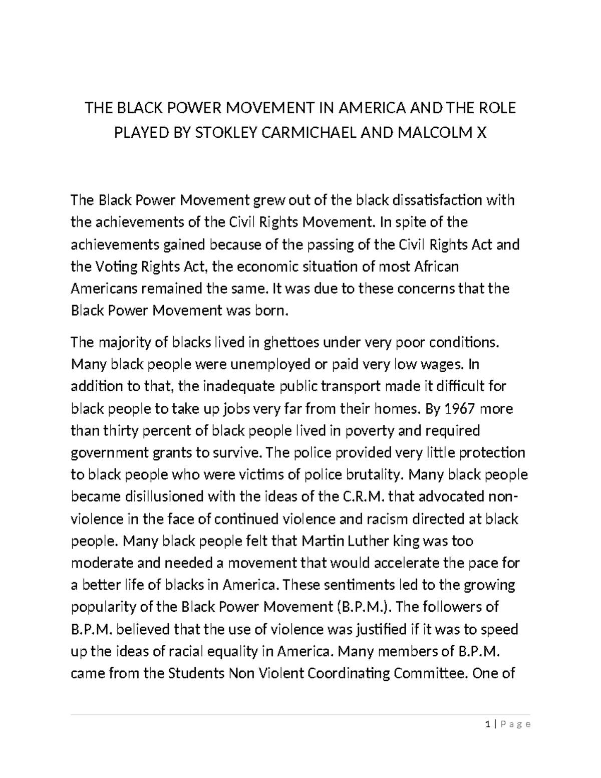 Black Power Essay - THE BLACK POWER MOVEMENT IN AMERICA AND THE ROLE ...