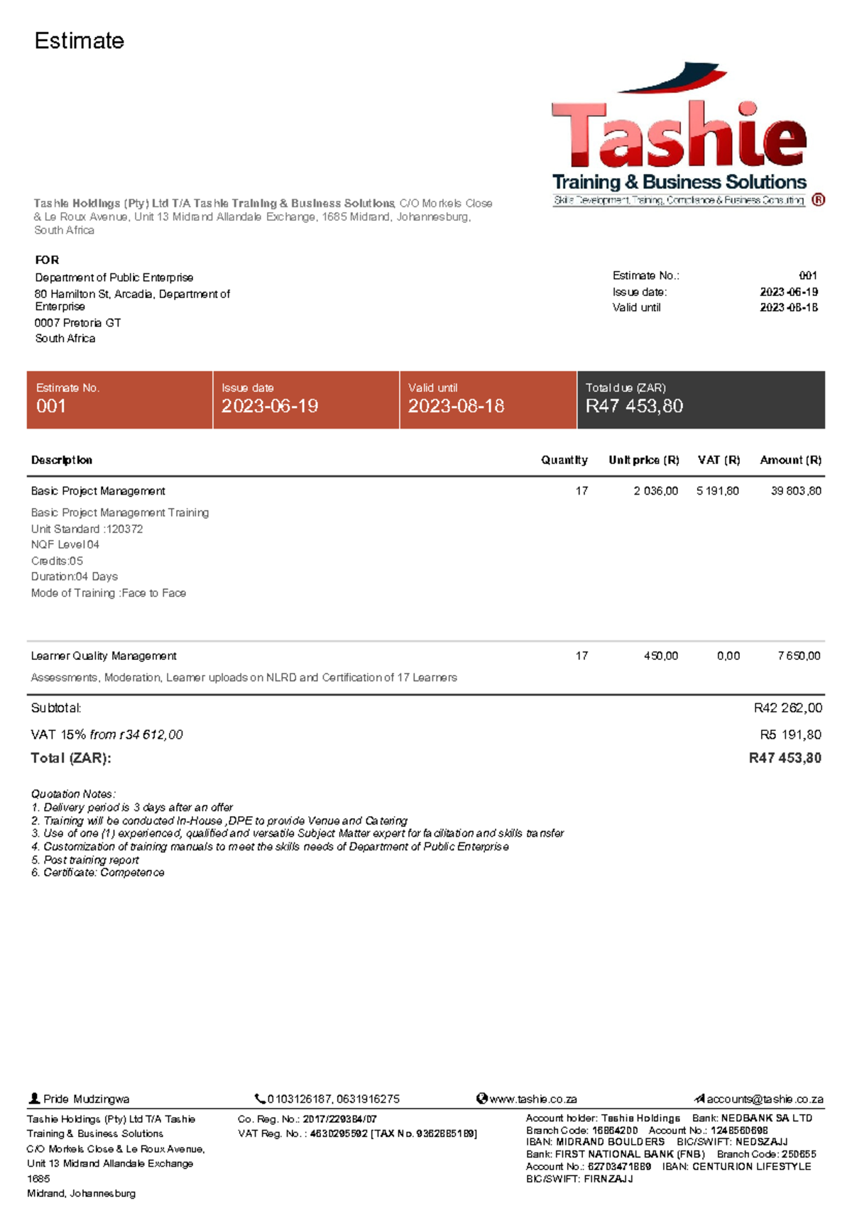 001 - nbjkl; - FOR Department of Public Enterprise 80 Hamilton St ...
