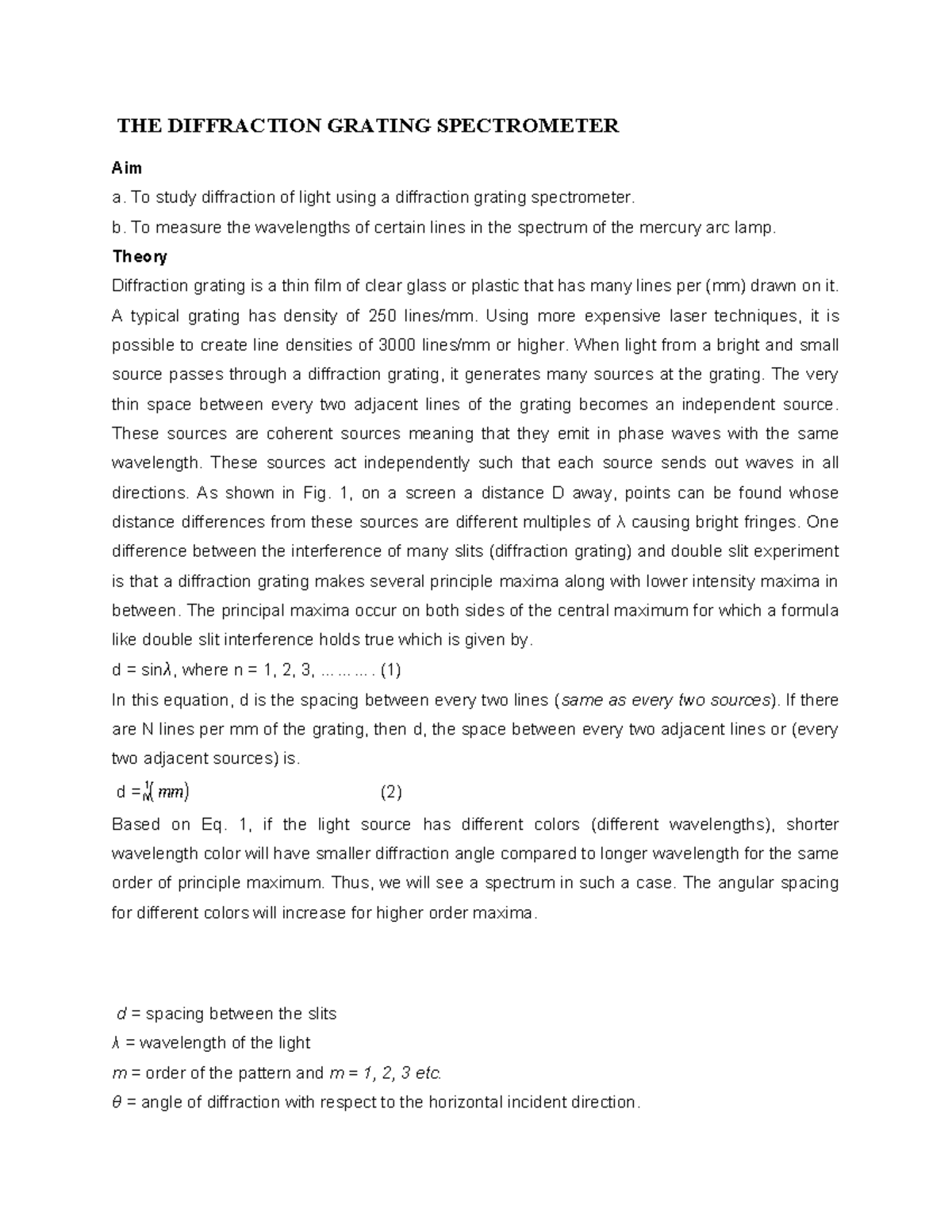 Diffraction - USE FOR PRACTICAL - THE DIFFRACTION GRATING SPECTROMETER ...