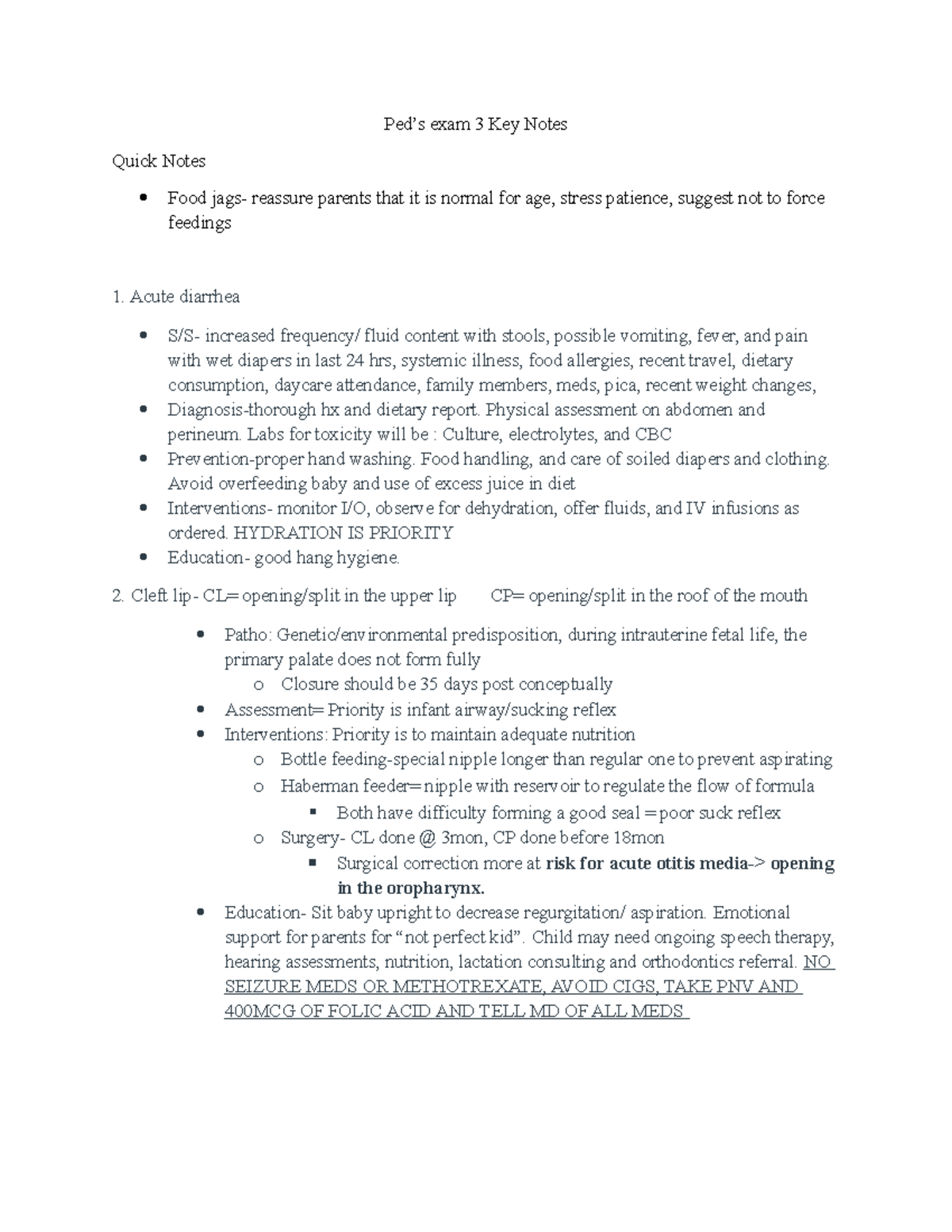 Peds exam key notes - Summary Foundations of Maternal-Newborn and Women ...