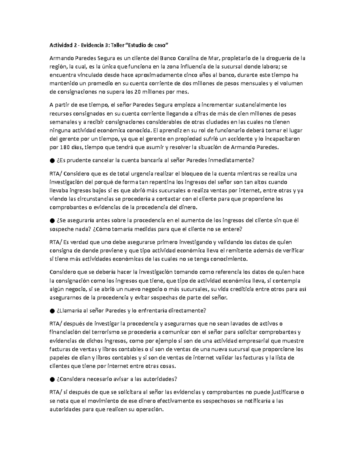 Actividad 2 estudio de caso - Actividad 2 - Evidencia 3: Taller “Estudio de caso” Armando ...