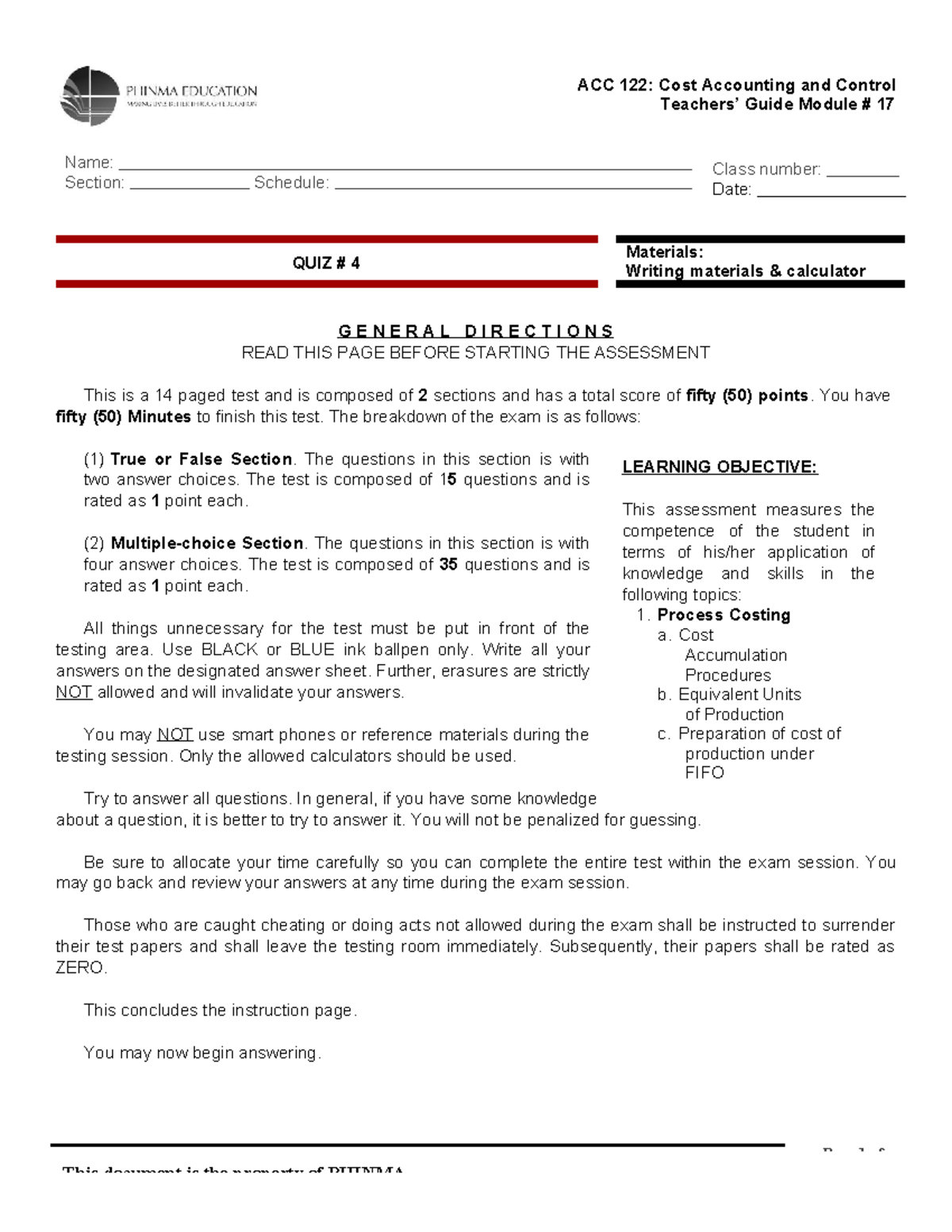 Day 17 quiz acc 122 - Quiz - ACC 122: Cost Accounting and Control ...