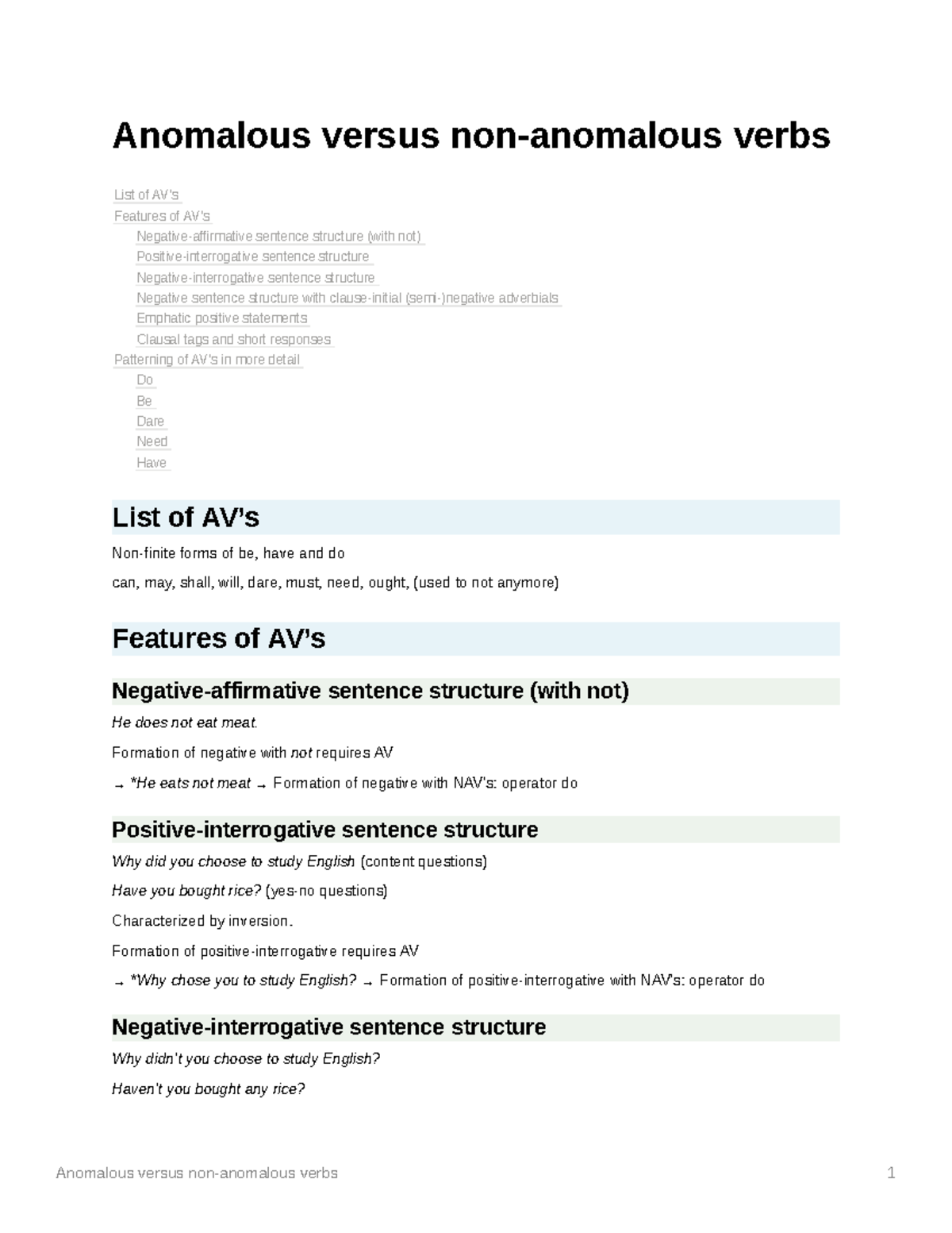 Anomalous versus non-anomalous verbs (brief summary) - Anomalous versus ...