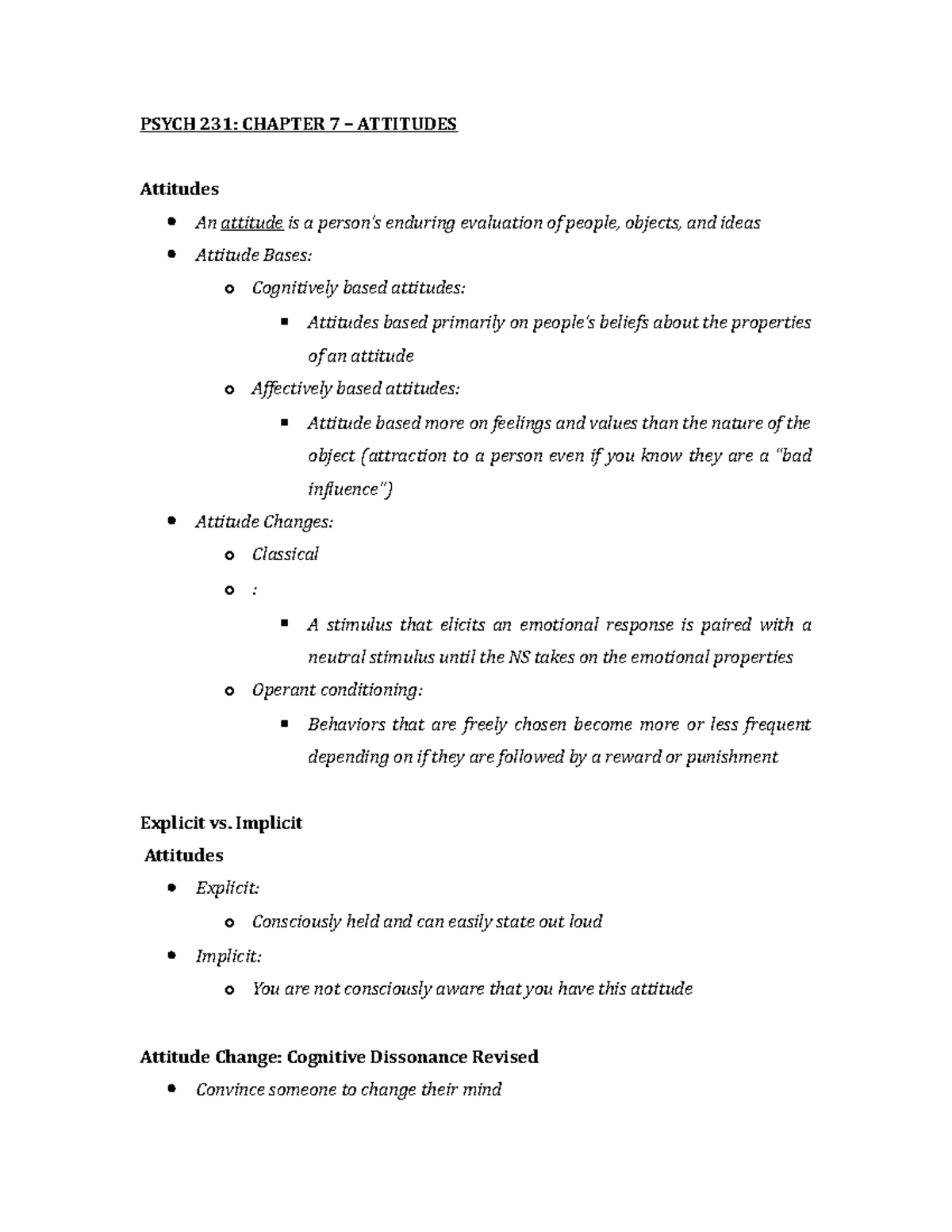 CH 7 - Attitudes - PSYCH 231: CHAPTER 7 ATTITUDES Attitudes An attitude ...