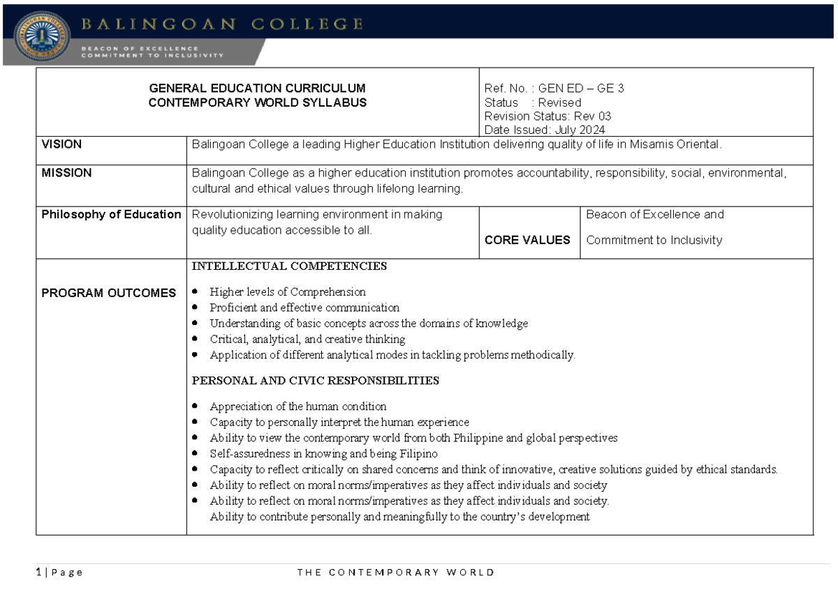 GE 3 - Contemporary World - GENERAL EDUCATION CURRICULUM CONTEMPORARY WORLD SYLLABUS Ref. No ...