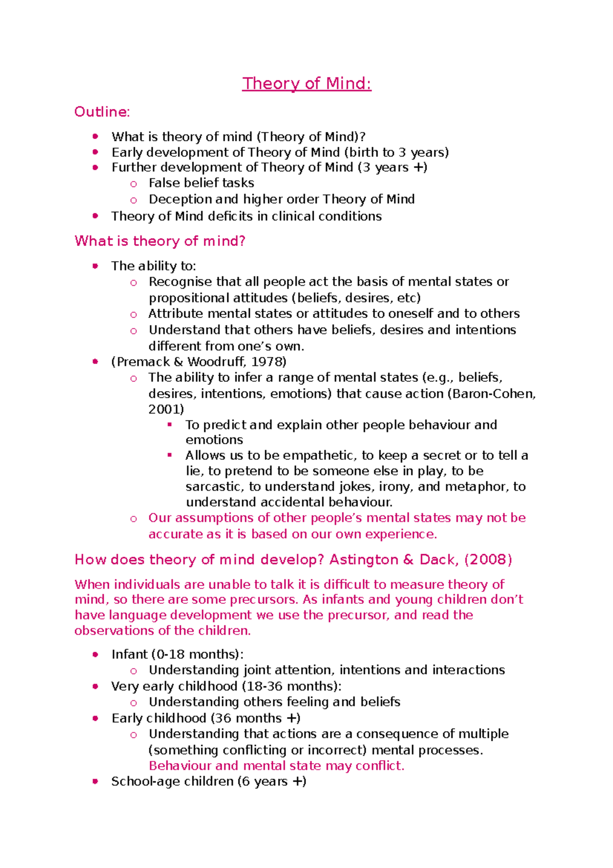 Dev L5 Theory of Mind - Theory of Mind: Outline: What is theory of mind ...